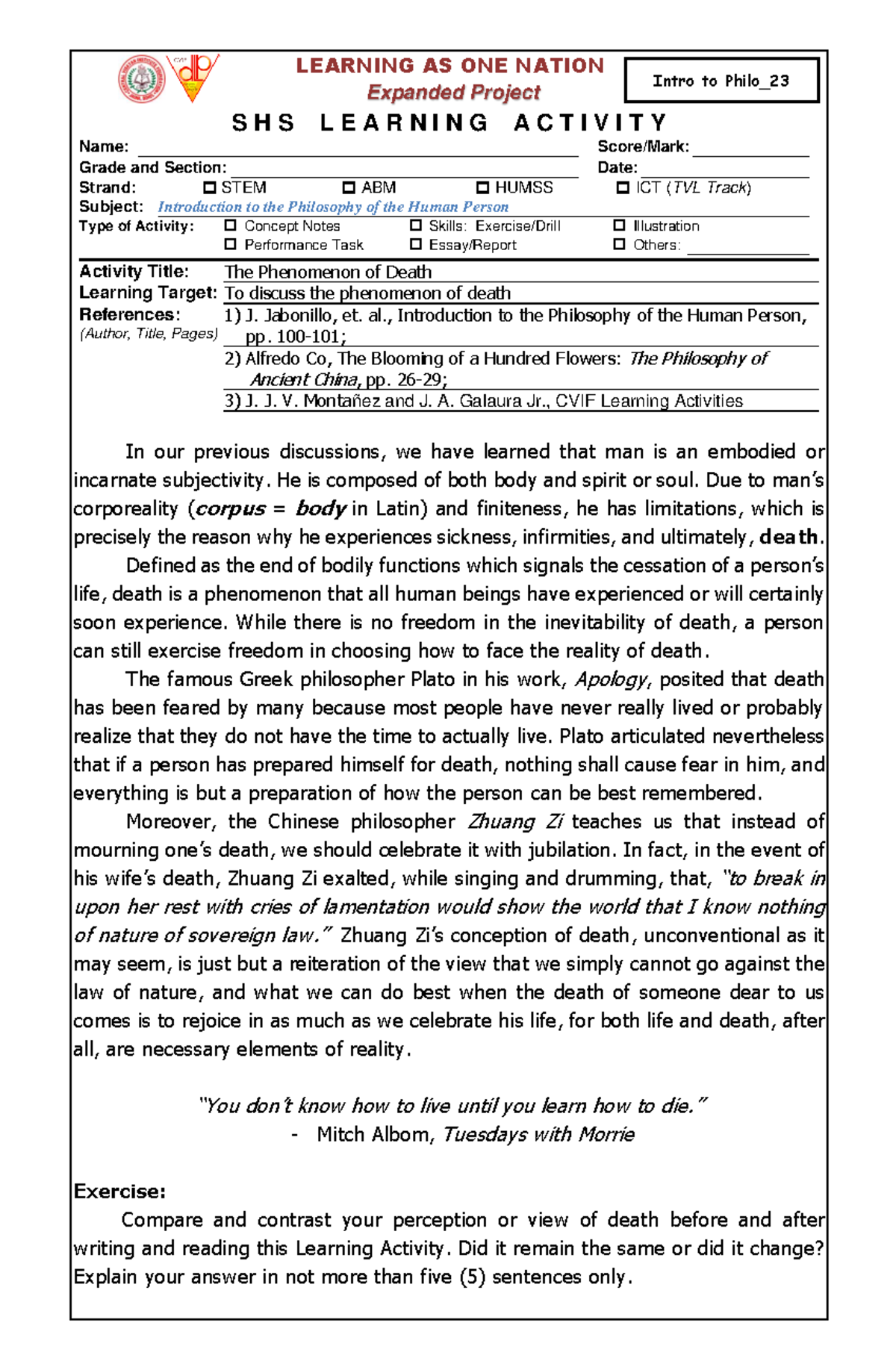 Intro to Philo LAS 23 Phenomenon of Death - ... LEARNING AS ONE NATION ...