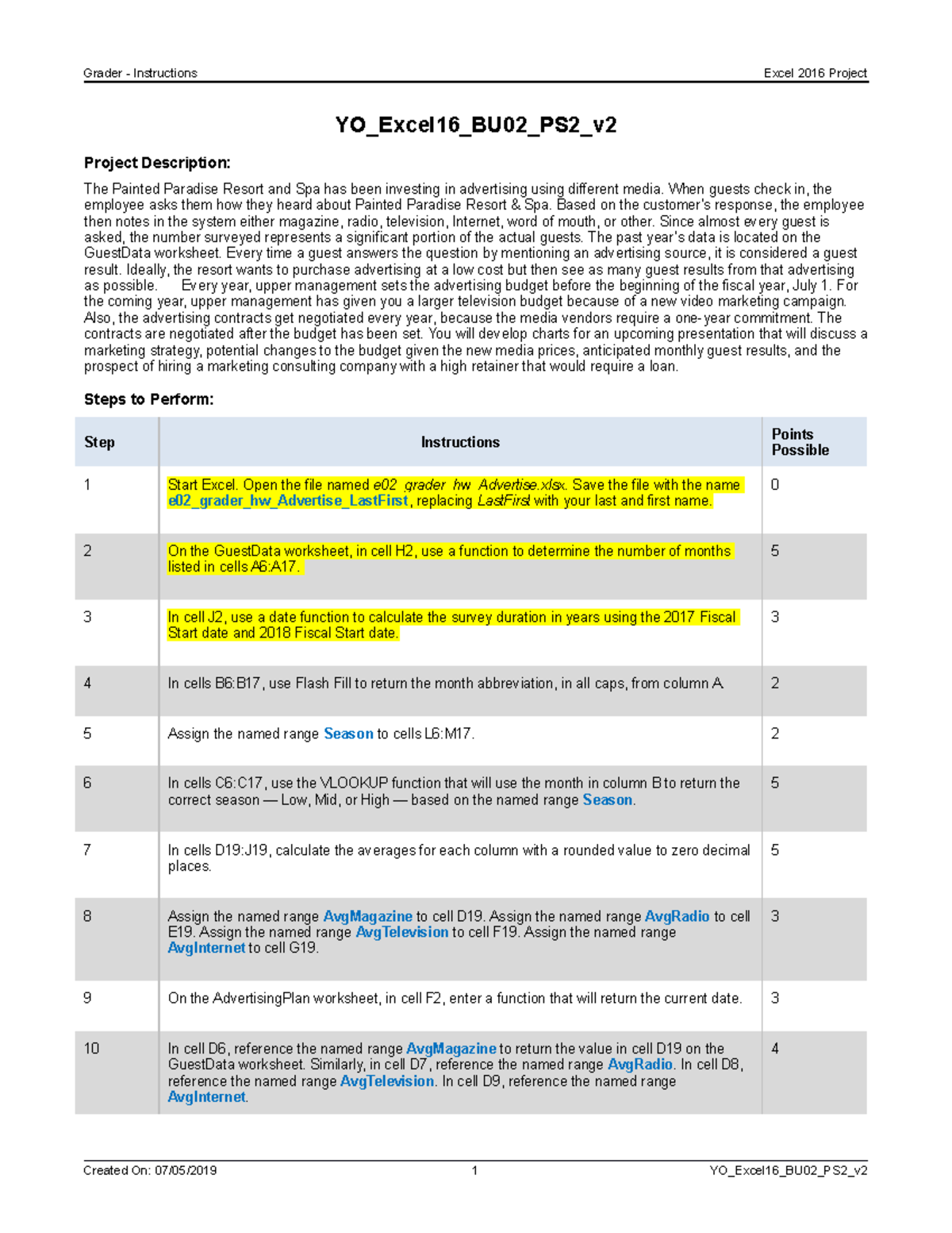 YOExcel 16BU02PS2v2 Instructions - Grader - Instructions Excel 2016 Project YO_Excel16_BU02_PS2 ...