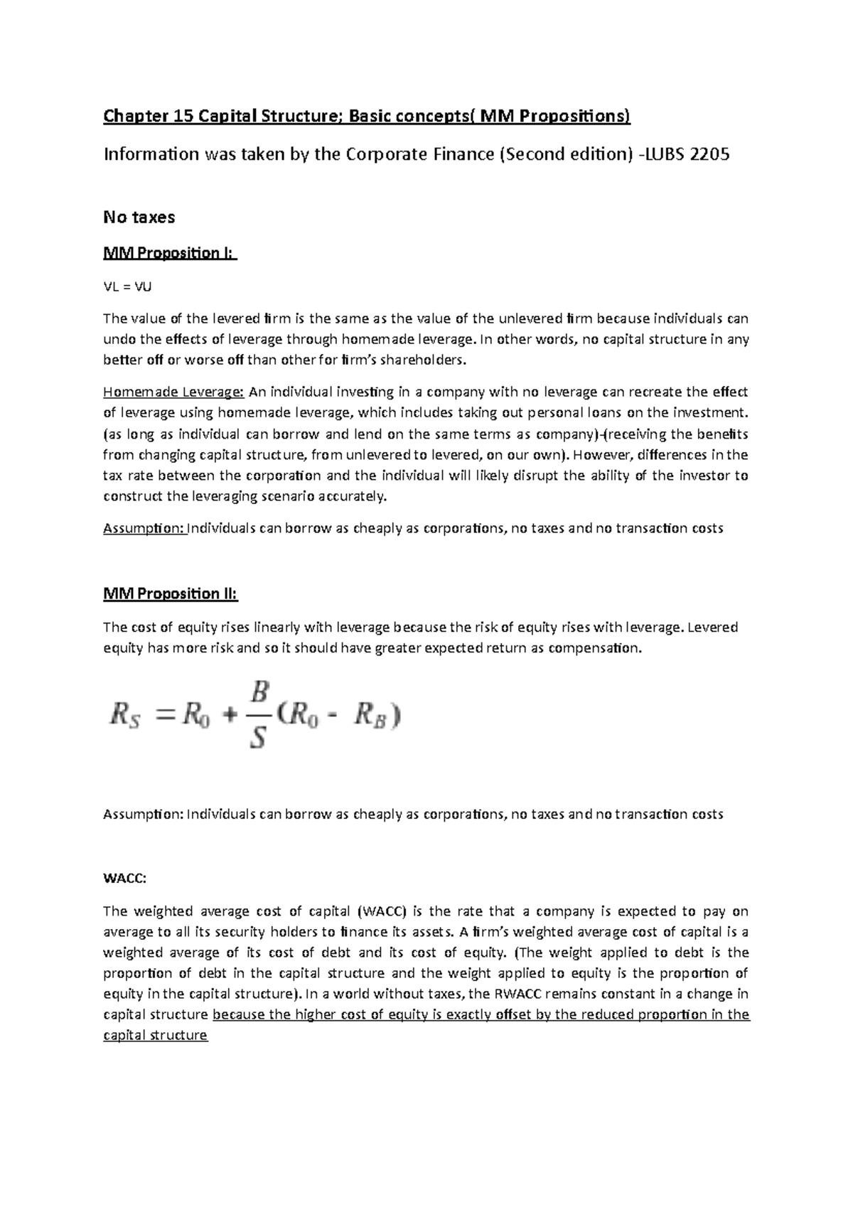Lecture 2 Capital Structure Part 1 - Chapter 15 Capital Structure; Basic concepts( MM ...