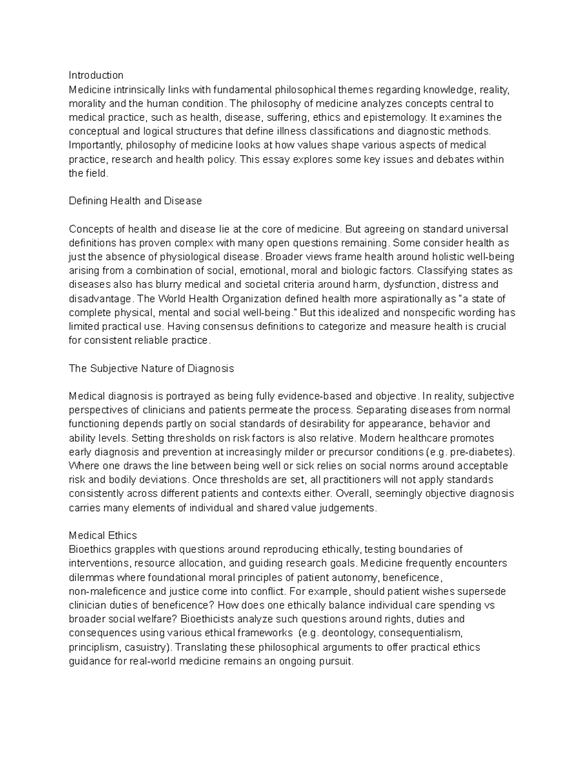 Philosophy of Medicine Essay - Introduction Medicine intrinsically ...