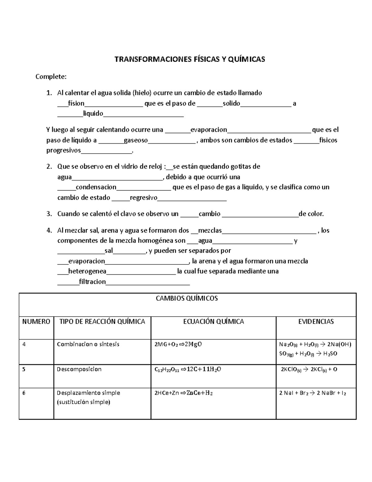 Cambios fisicos y quimicos, hoja de evaluacion - TRANSFORMACIONES ...