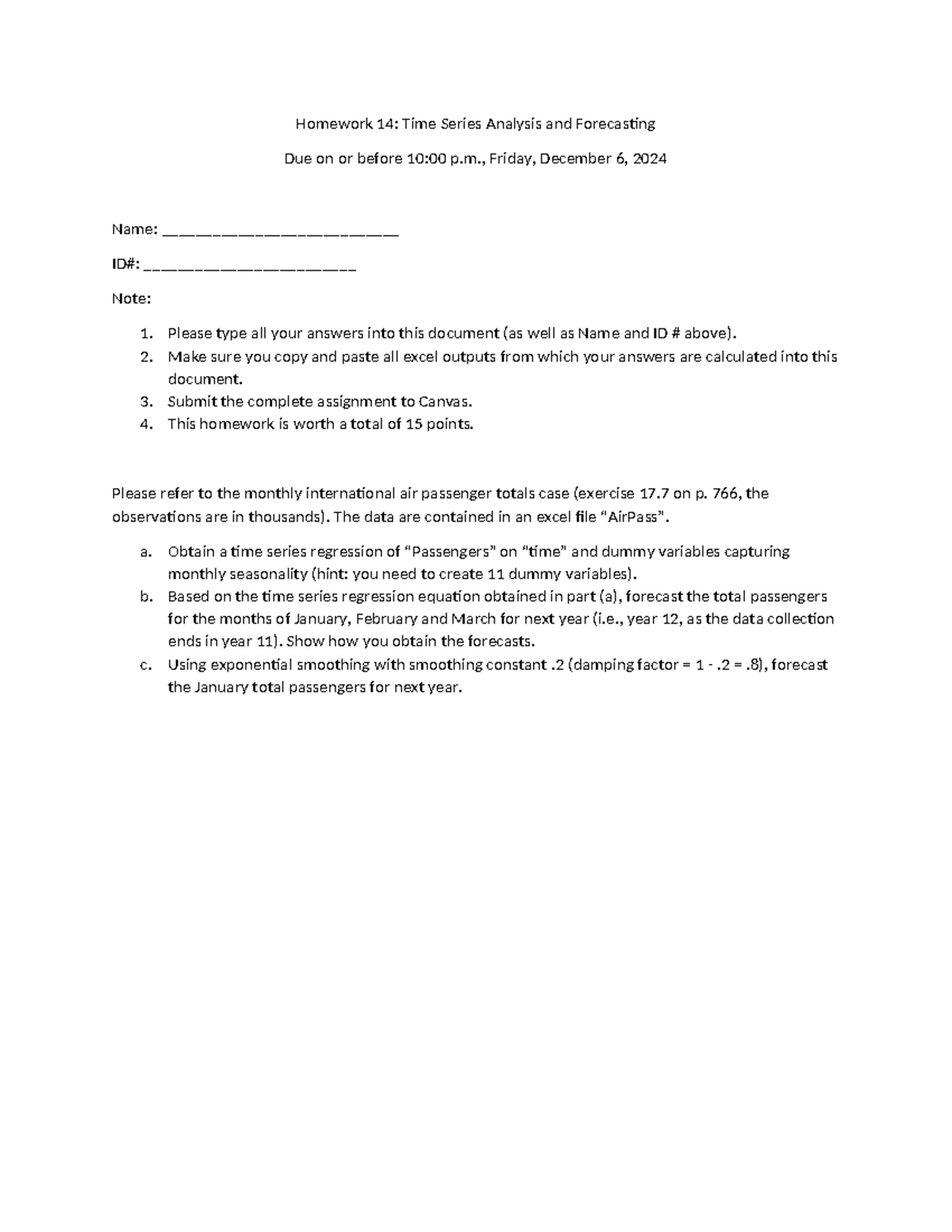 Homework 14 Time Series Analysis And Forecasting Homework 14 Time