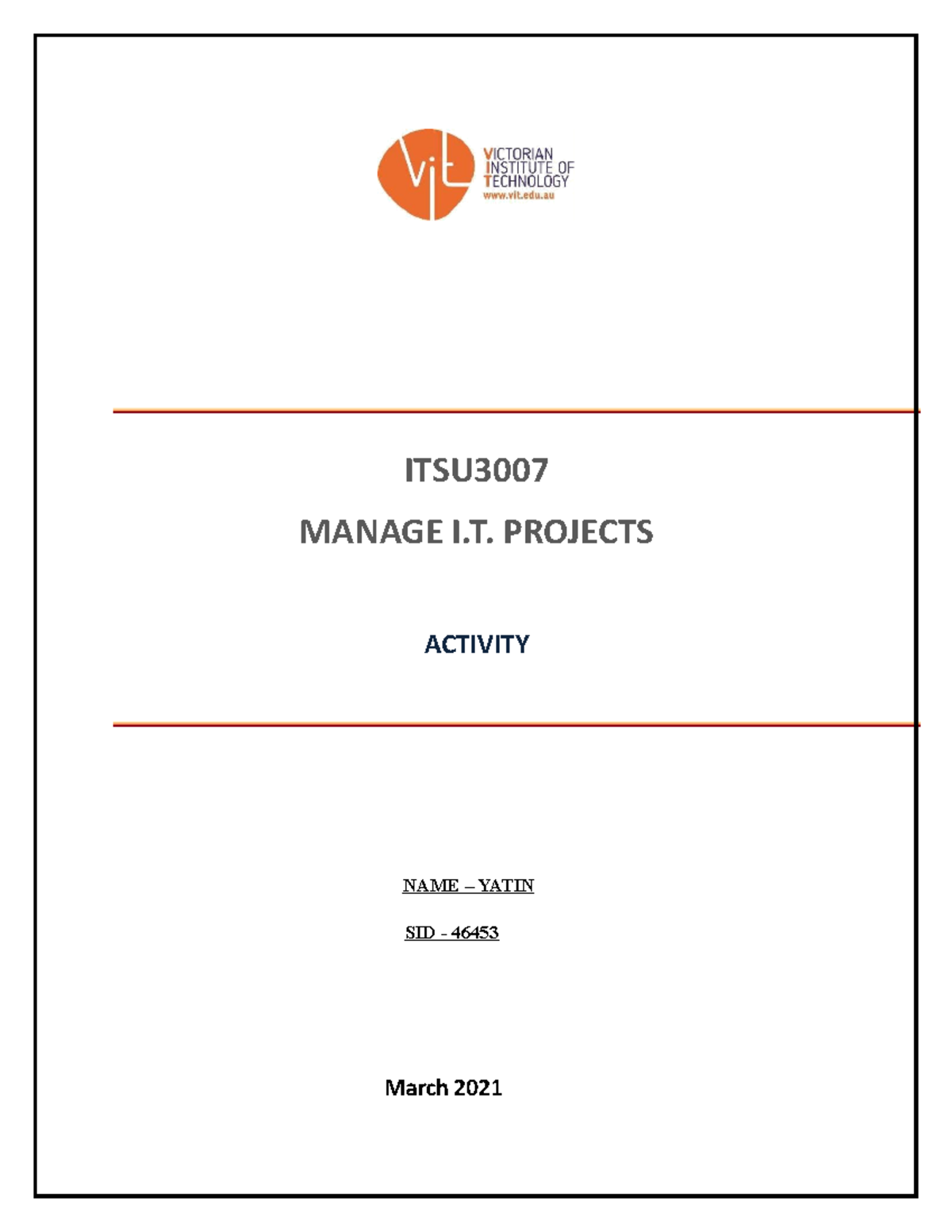 ITSU3007 Tutorial 2 - .... - ITSU MANAGE I. PROJECTS ACTIVITY NAME ...