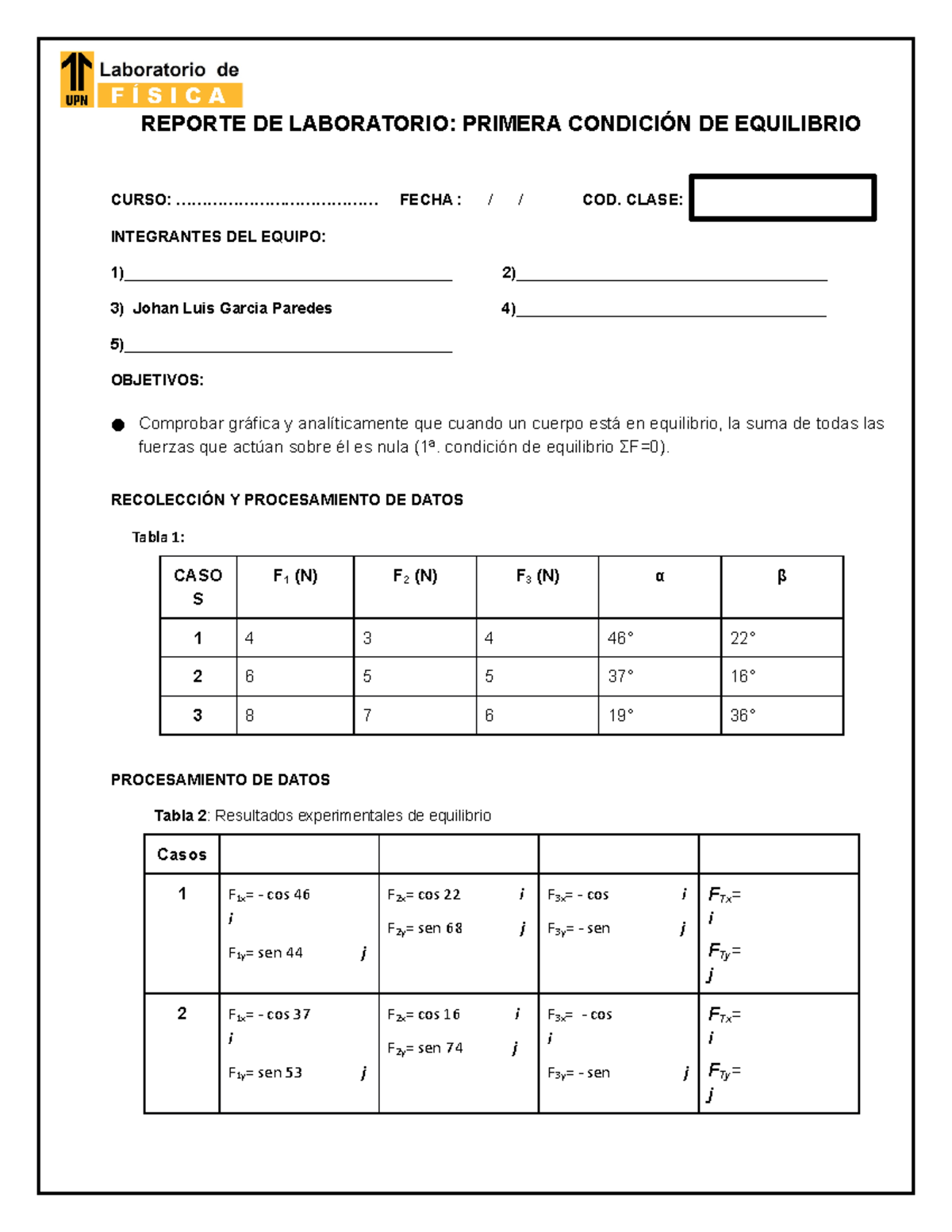 Reporte LAB Fisiarq 01 primera condicion - REPORTE DE LABORATORIO: PRIMERA CONDICIÓN DE ...