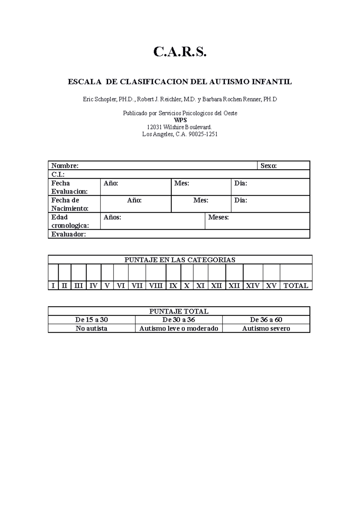 Hoja-de-Evaluacion-Cars Autismo - C.A.R. ESCALA DE CLASIFICACION DEL ...