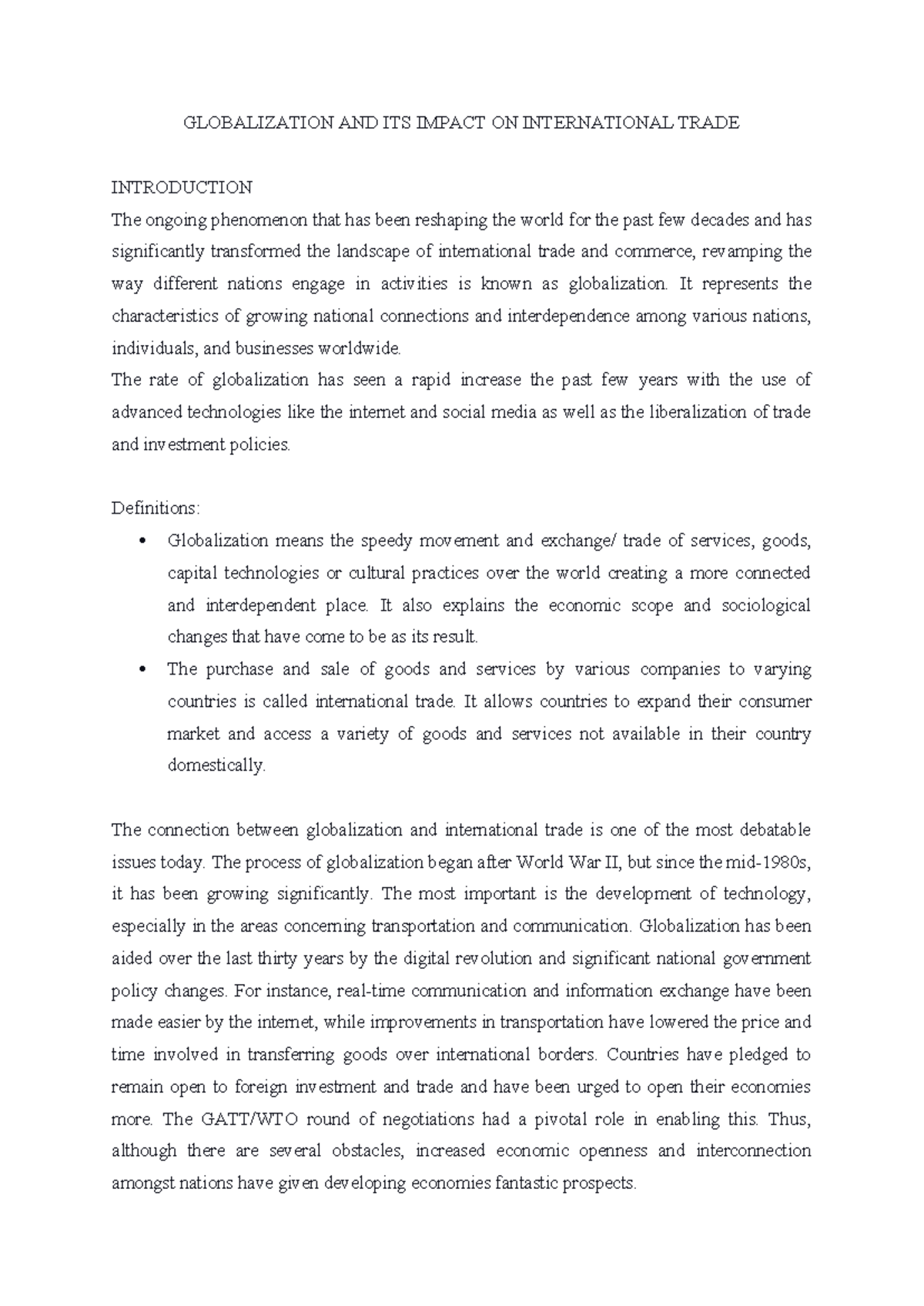 Globalization AND ITS Impact ON International Trade - GLOBALIZATION AND ...