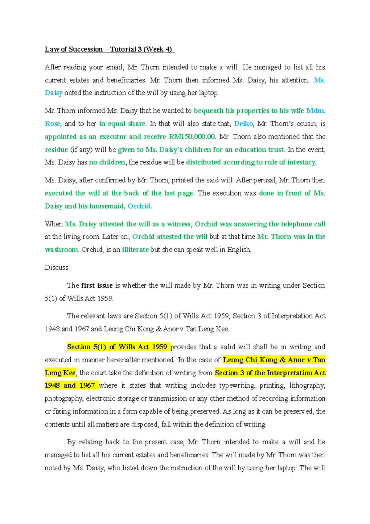 Law of Succession Tutorial 3 (Week 4) - MMU - Studocu