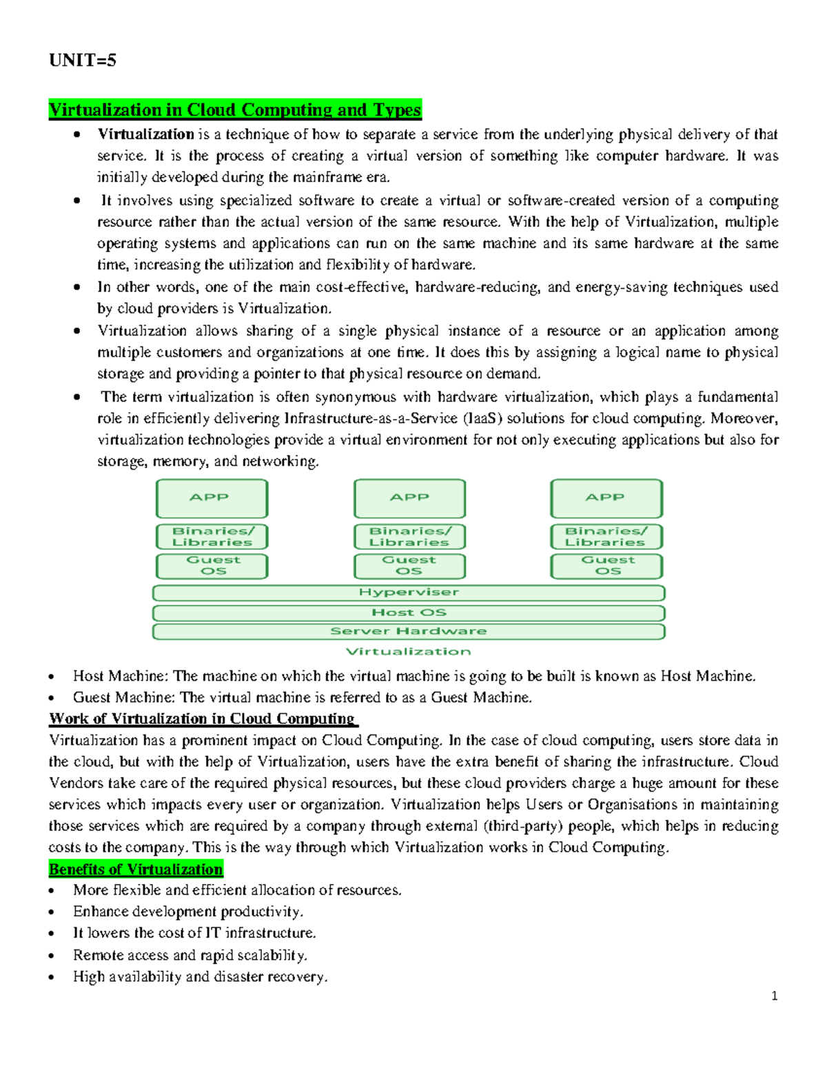 Unit-5 Cloud Computing - UNIT= Virtualization in Cloud Computing and Types Virtualization is a ...
