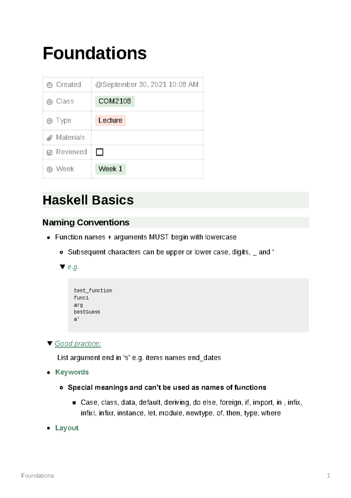 Foundations (Lecture 2) - Foundations Created Class COM Type Lecture Materials Reviewed Week ...