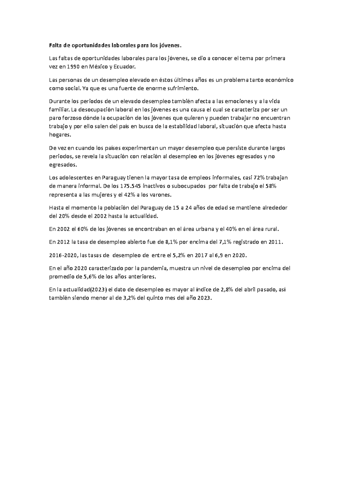 Orientación 3 - Falta de oportunidades laborales para los jóvenes. Las ...