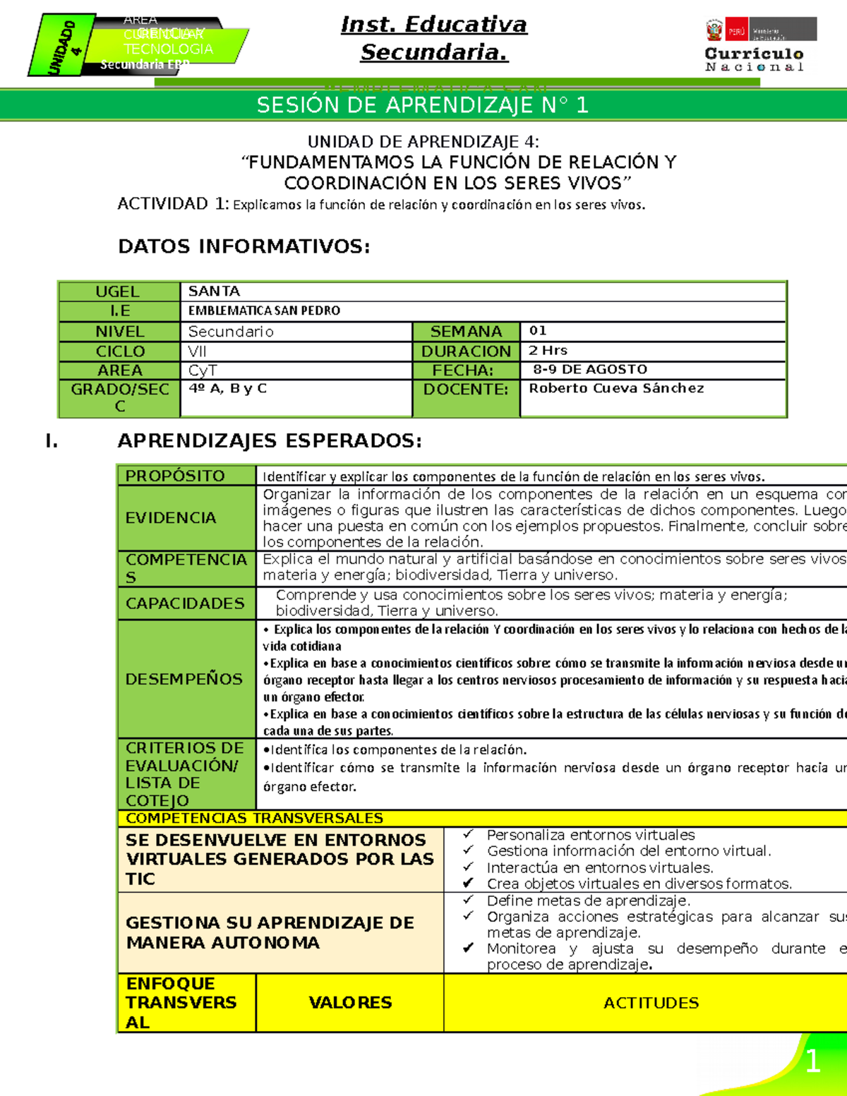 A-4º SES ACT 1-CYT-UND 4 - CIENCIA Y TECNOLOGIA Secundaria EBR CURRICULAR SESIÓN DE APRENDIZAJE ...