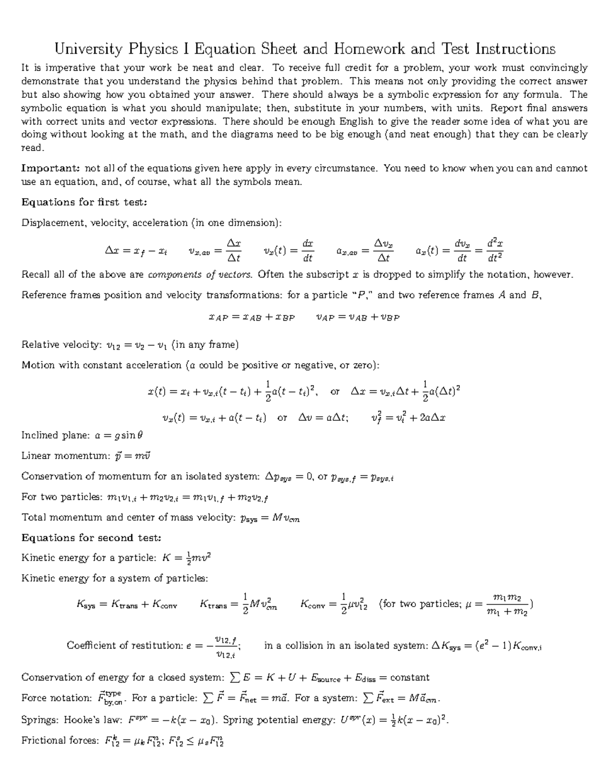 Eqnsheet exam - An equation sheet for all the exams - University ...