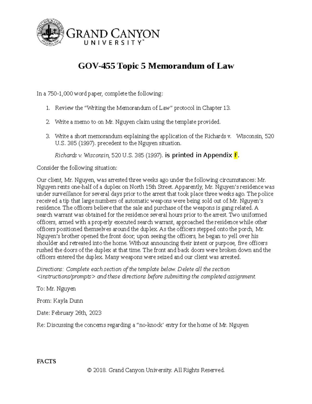 Benchmark Memorandum Of Law - GOV-455 Topic 5 Memorandum of Law In a ...