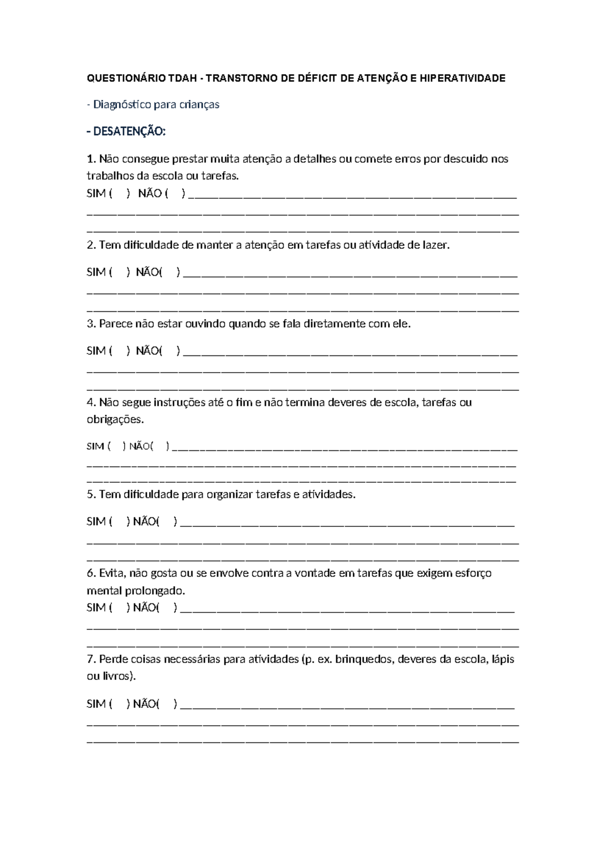 Questionário TDAH - avaliação - QUESTIONÁRIO TDAH - TRANSTORNO DE ...