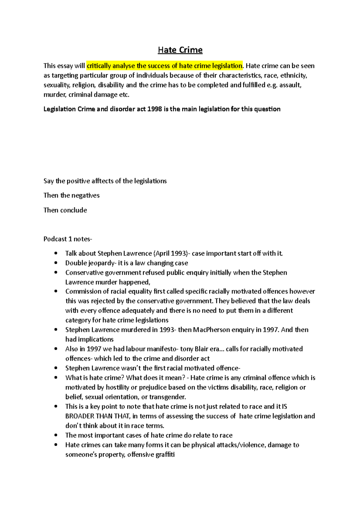 Hate Crime Assignment - Hate Crime This essay will critically analyse ...