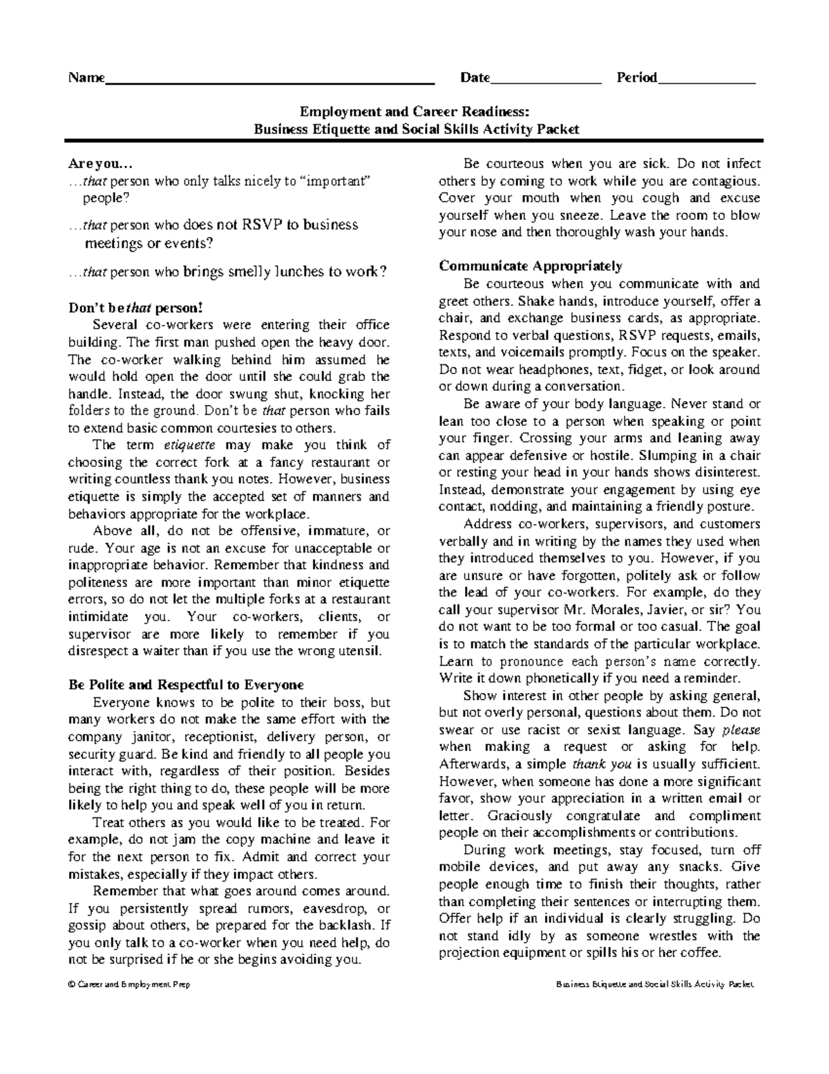 Business Etiquette and Social Skills WS - Employment and Career ...