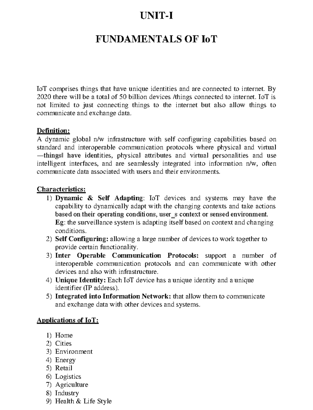 Io T UNIT1 Notes - UNIT-I FUNDAMENTALS OF IoT IoT comprises things that ...