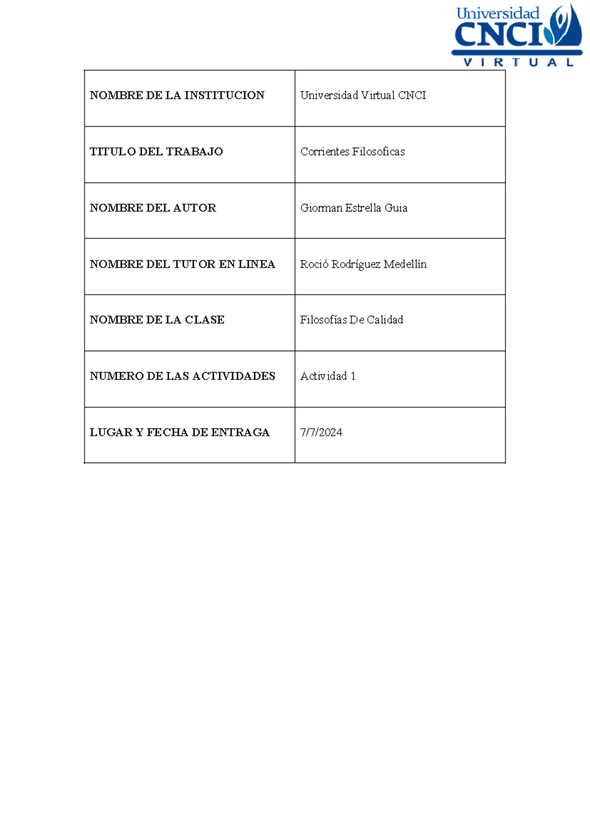 Actividad 1 filosofias de calidad terminada - NOMBRE DE LA INSTITUCION Universidad Virtual CNCI ...