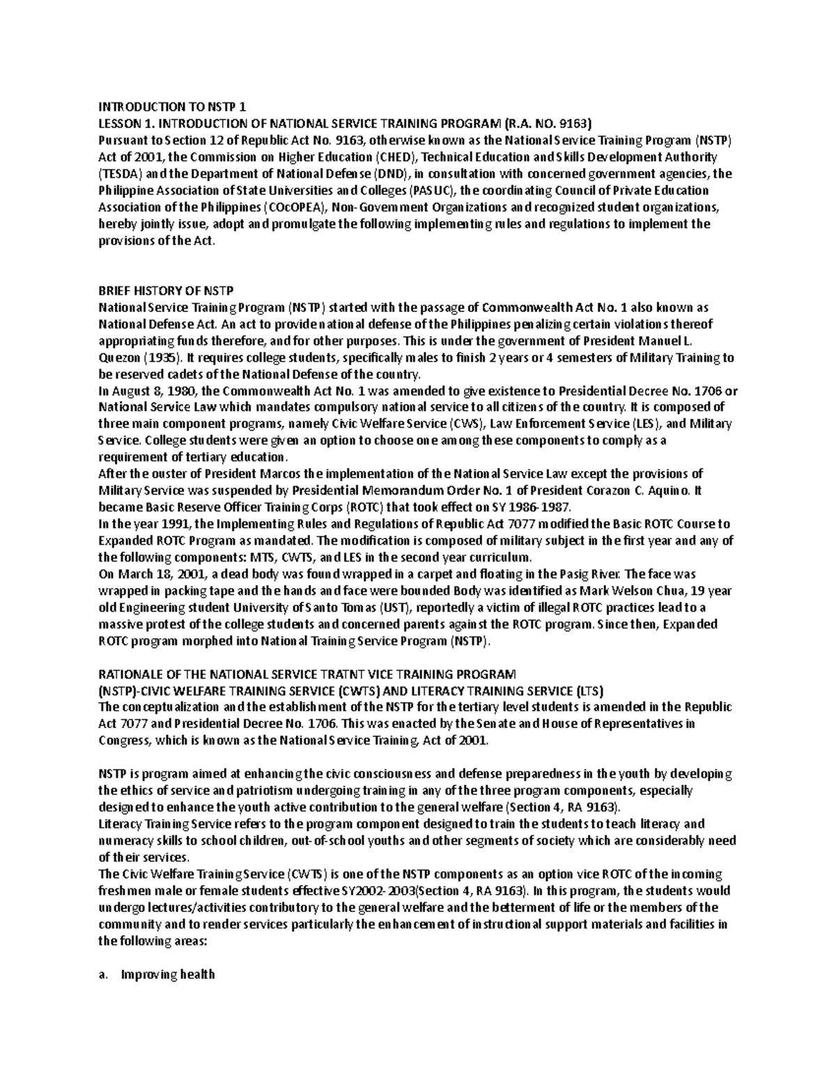 NSTP - NONE - INTRODUCTION TO NSTP 1 LESSON 1. INTRODUCTION OF NATIONAL ...