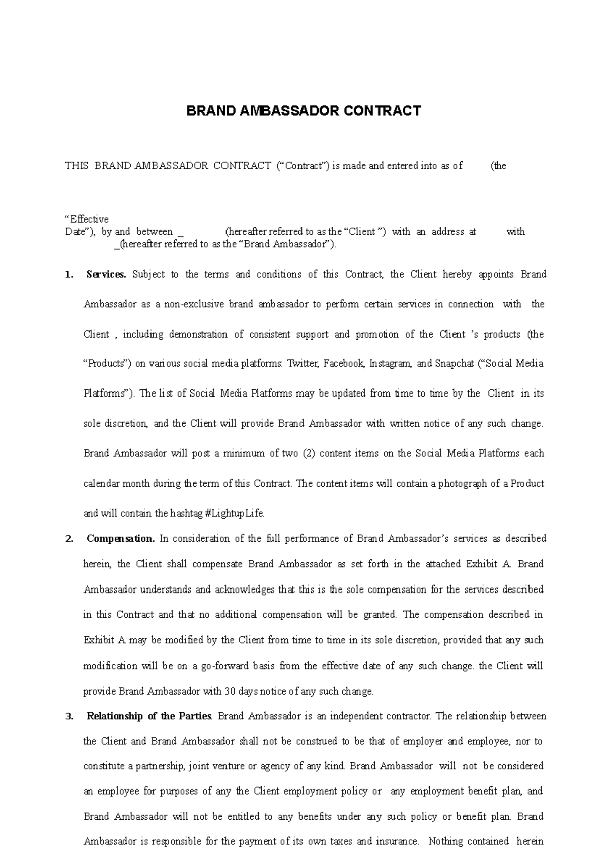 Brand Ambassador Contract - Sample - BRAND AMBASSADOR CONTRACT THIS ...