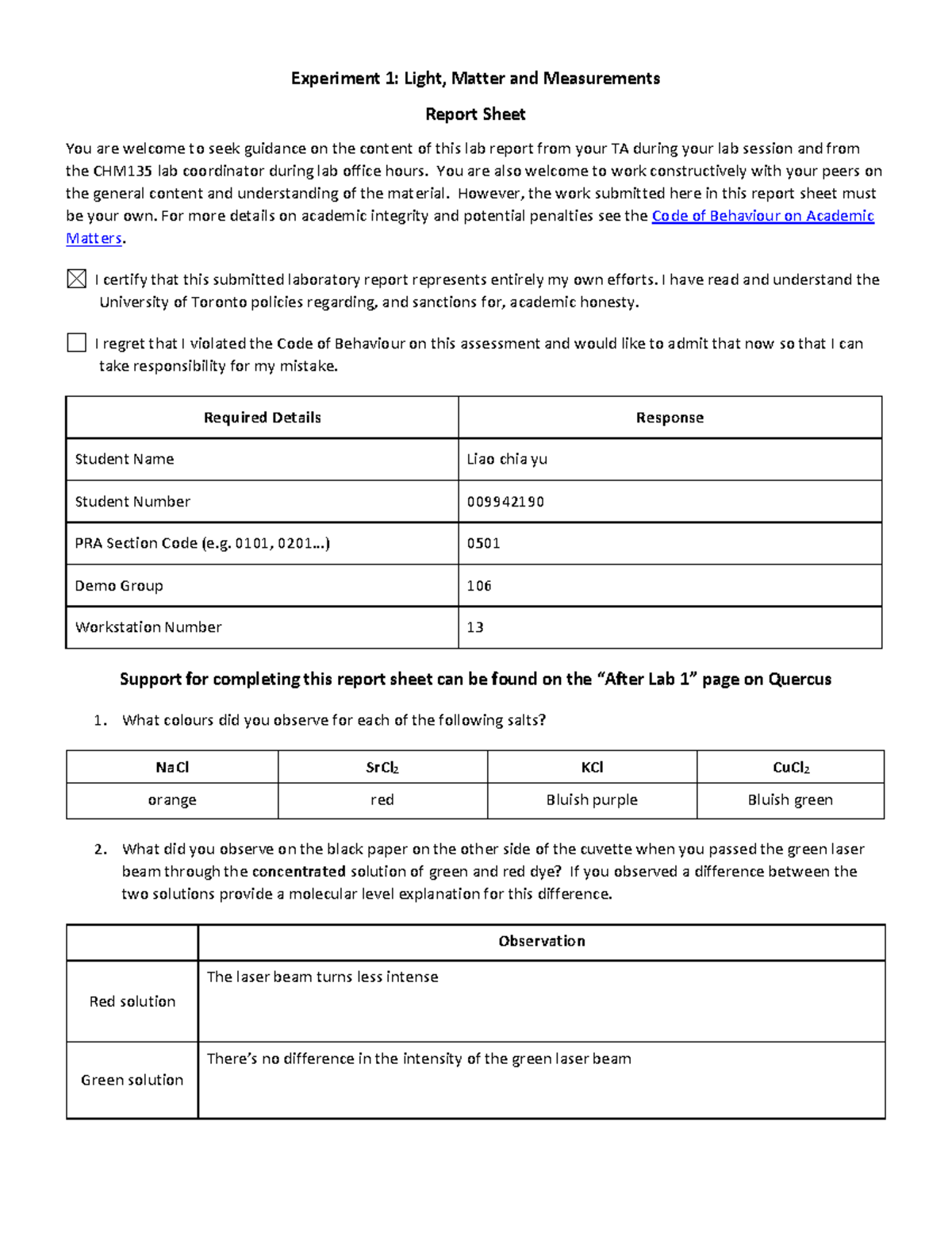 CHM135 Lab 1 Report Sheet - Experiment 1: Light, Matter and ...