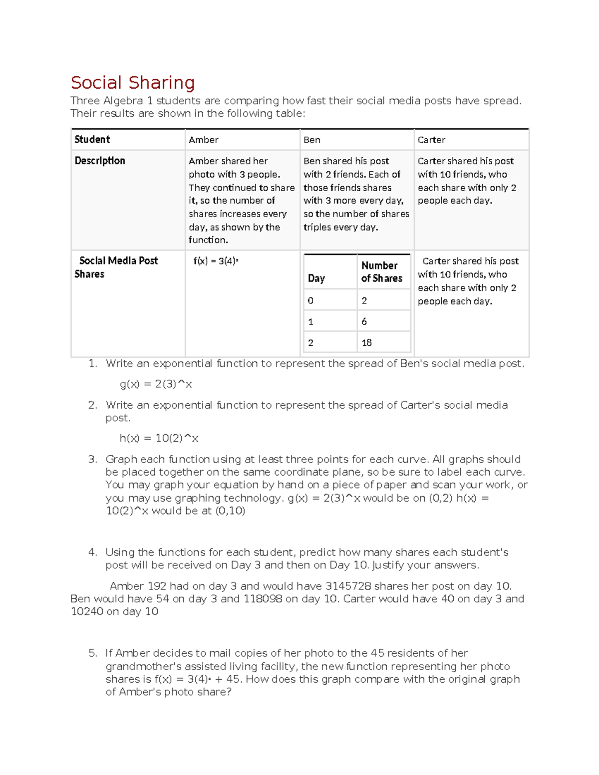 Algebra 1 3.04 Newest - Social Sharing Three Algebra 1 students are ...