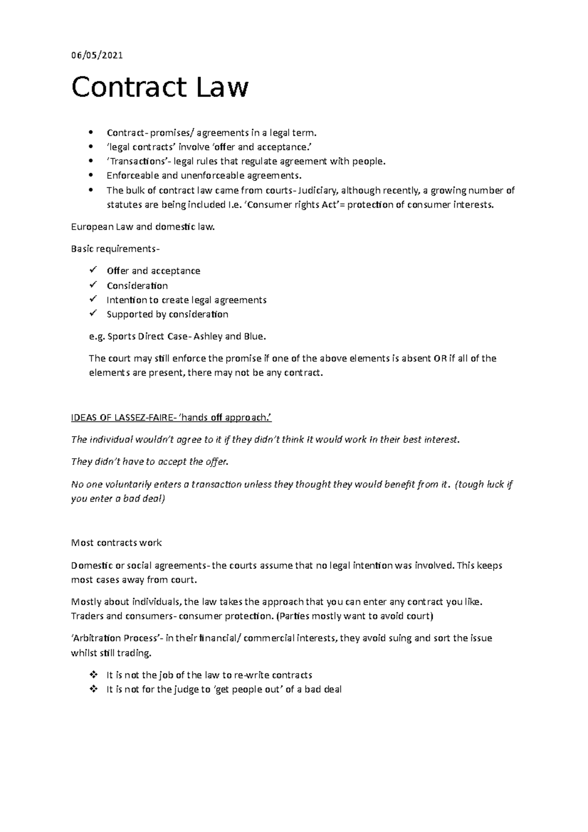 Contract Law lecture 1 - 01/05/ Contract Law Contract- promises ...