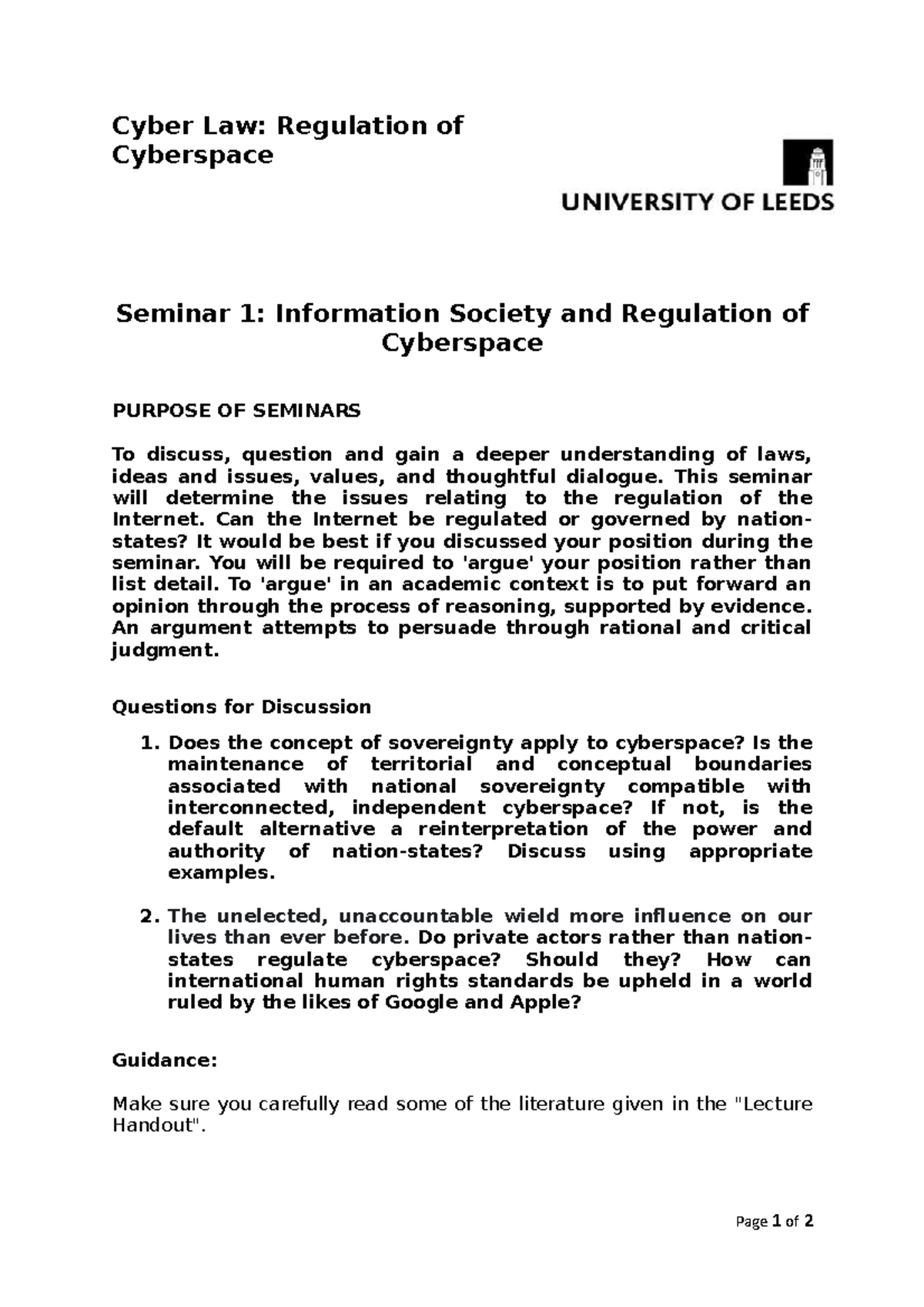 Cyber Law UG Seminar 1 2021 - Cyber Law: Regulation of Cyberspace ...
