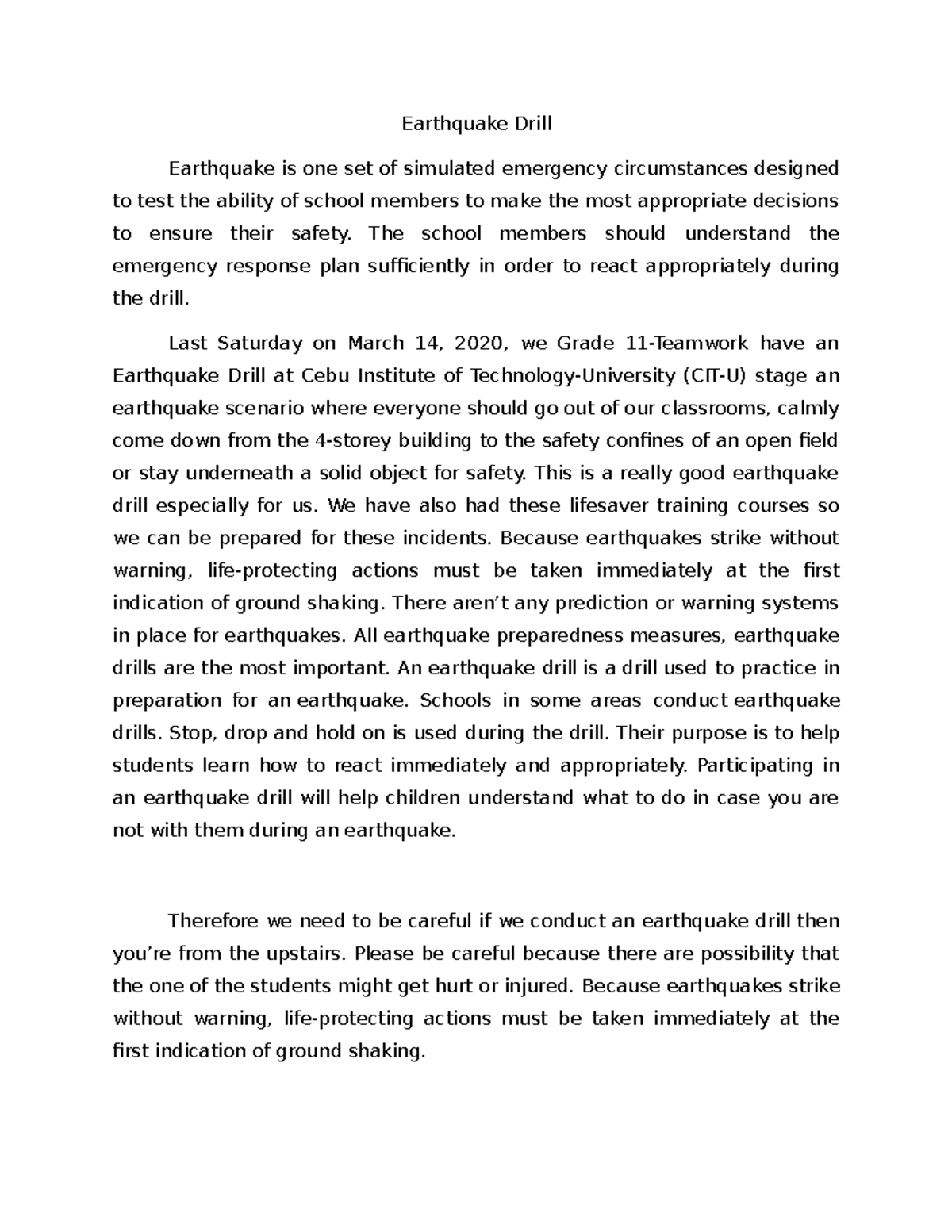Earthquake-Drill - SCIENCE - Earthquake Drill Earthquake is one set of ...