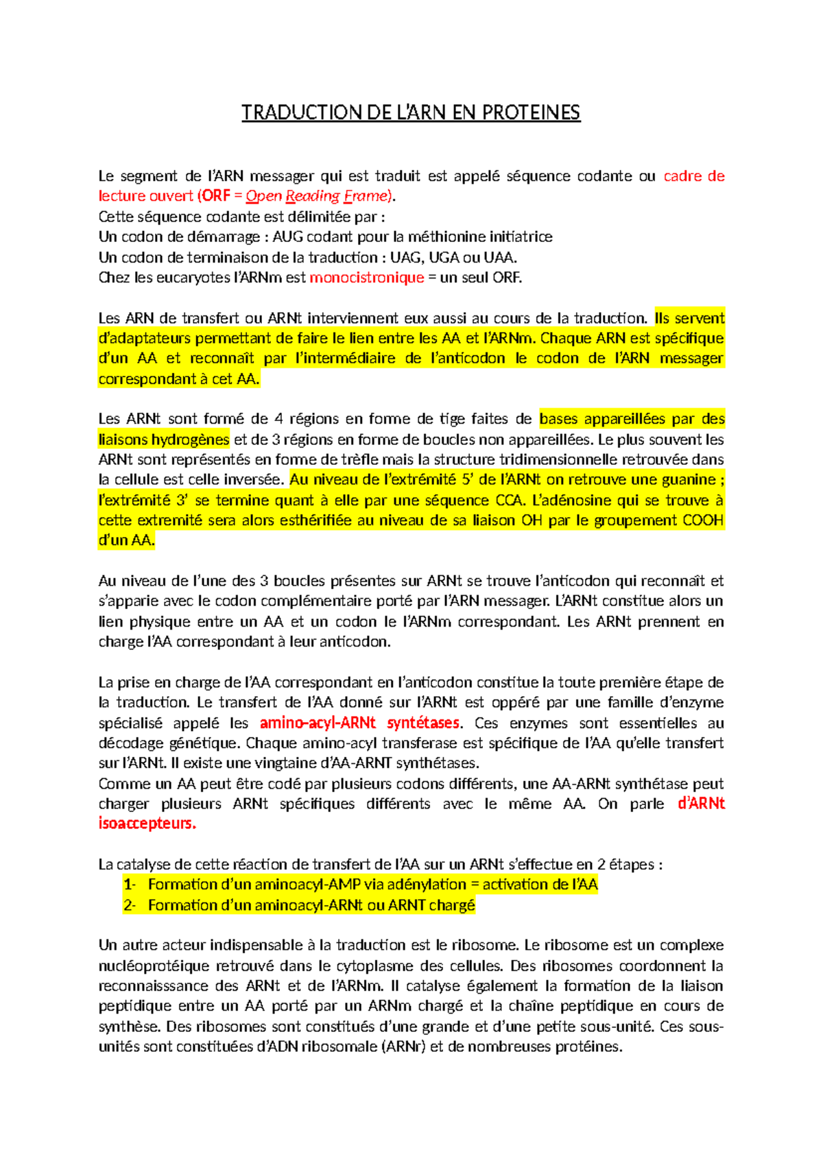 Chapitre 5 bio mol - bio mol - TRADUCTION DE L’ARN EN PROTEINES Le ...