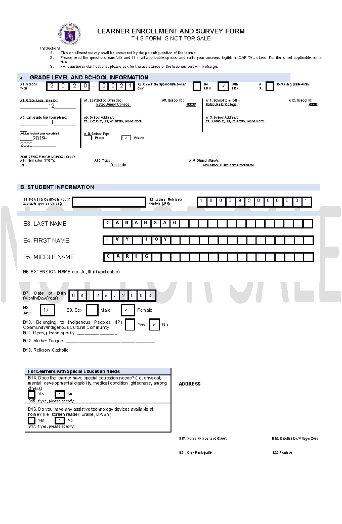 Ivy - Grade: 9 - LEARNER ENROLLMENT AND SURVEY FORM THIS FORM IS NOT ...
