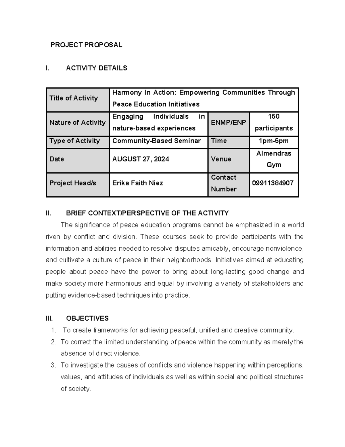 Project Proposal Peace Education Initiatives NIEZ - PROJECT PROPOSAL I ...