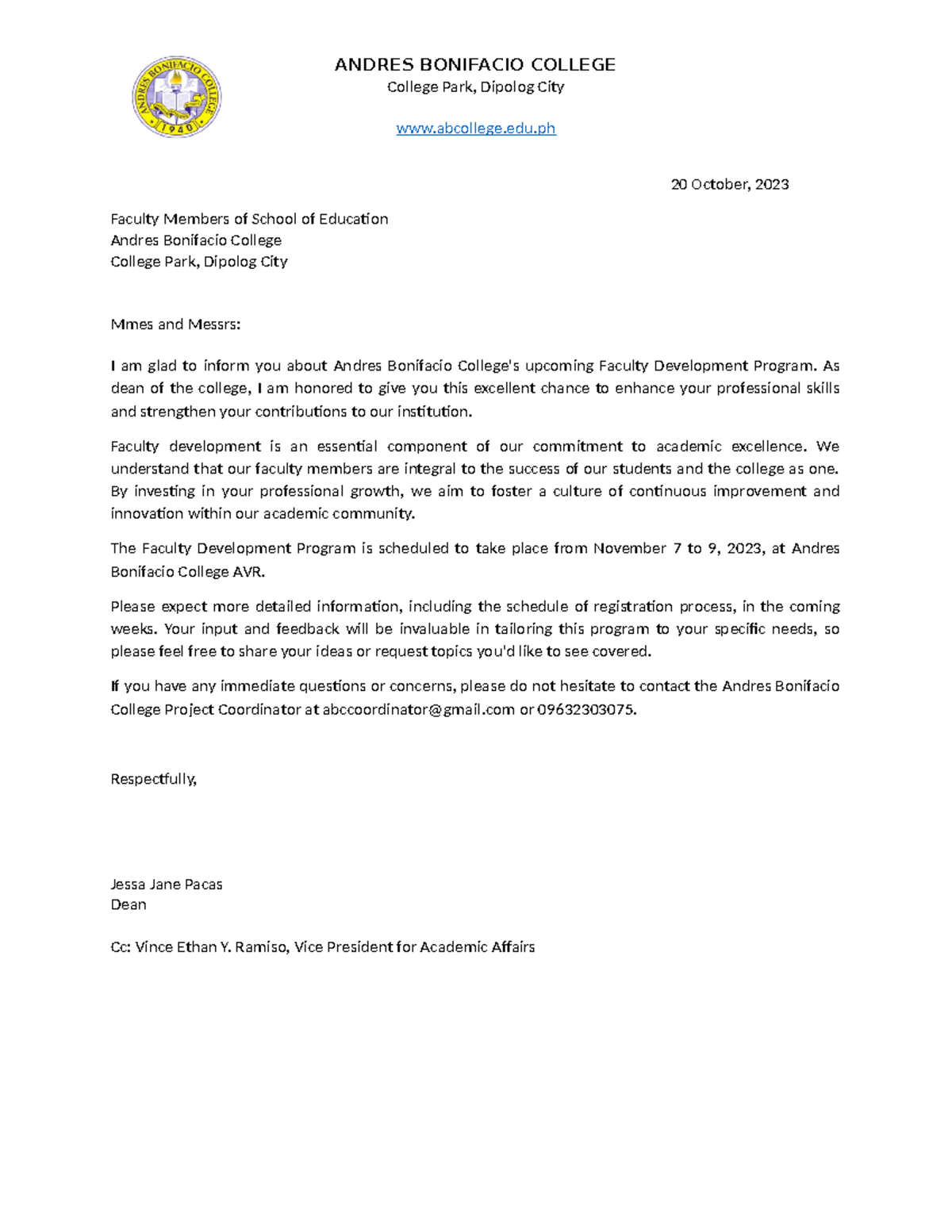 Business Letter - ANDRES BONIFACIO COLLEGE College Park, Dipolog City ...