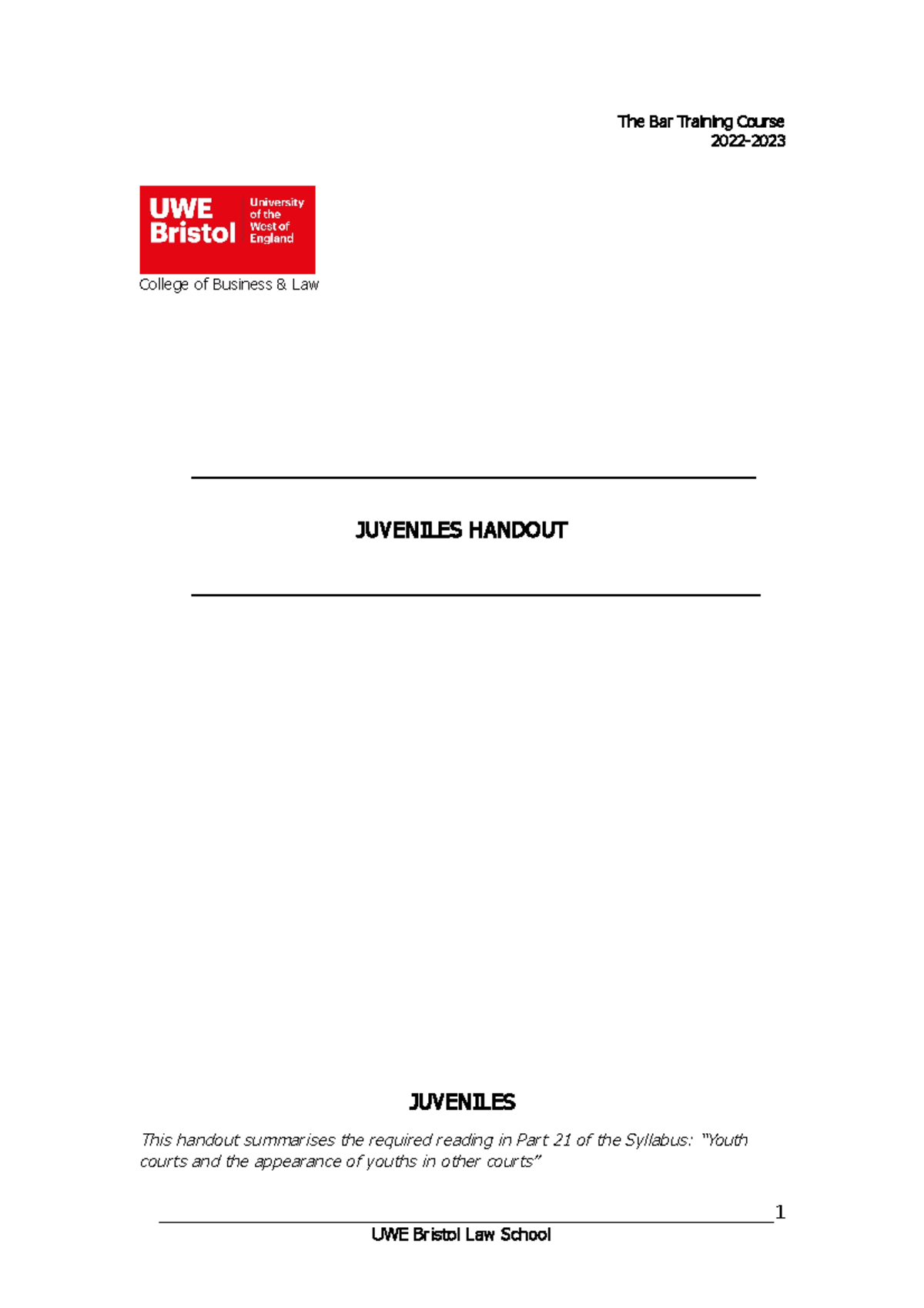 Juveniles Handout 2022-23 Final(1) - The Bar Training Course 2022 ...