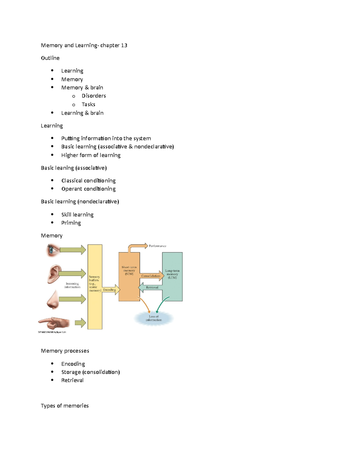 Lecture Notes - definitions - Memory and Learning- chapter 13 Outline ...