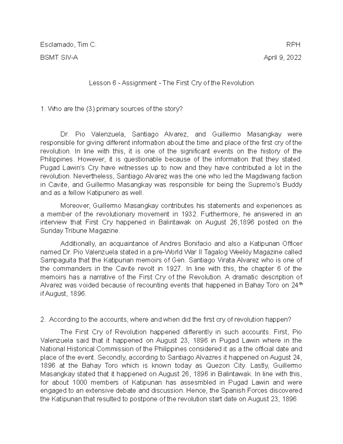 Esclamado-Assignerks - Esclamado, Tim C. RPH BSMT SIV-A April 9, 2022 ...