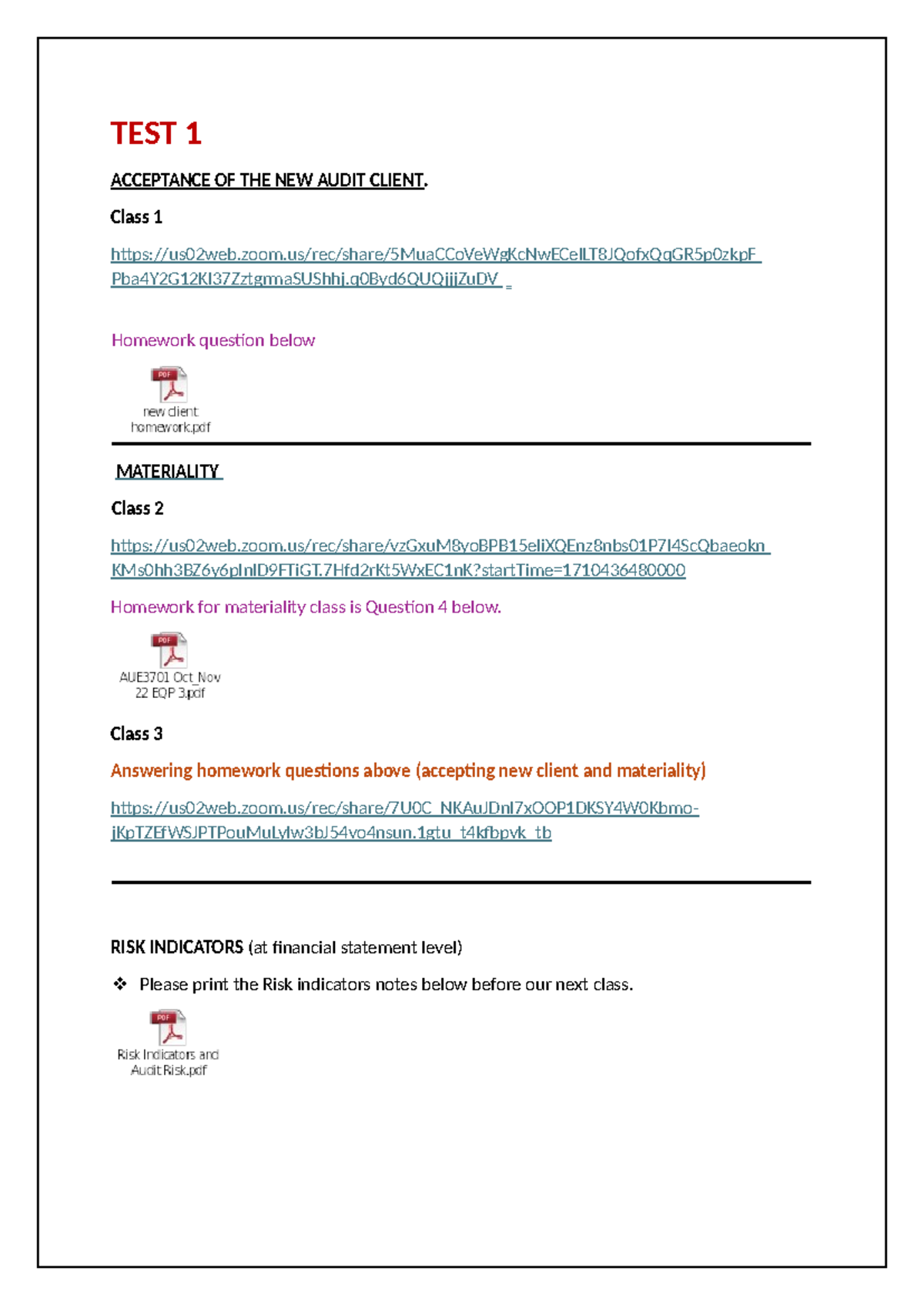 AUE3761 Test 1 and 2 classes - TEST 1 ACCEPTANCE OF THE NEW AUDIT ...