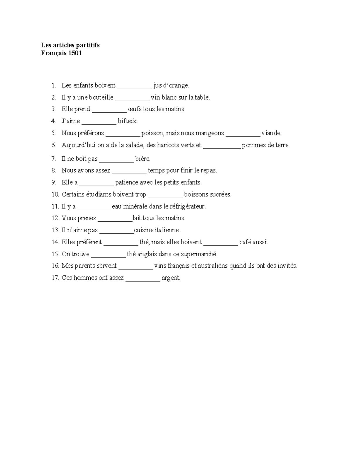 Les articles partitifs - French 1501 - Blank copy - Les articles ...