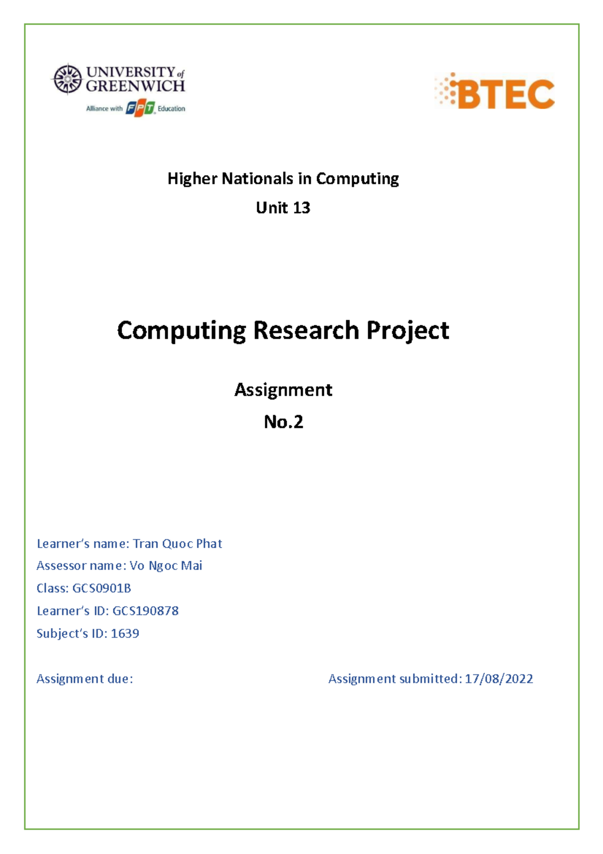 Assignment 2 Tran Quoc Phat GCS190878 - Higher Nationals in Computing Unit 13 Computing Research ...