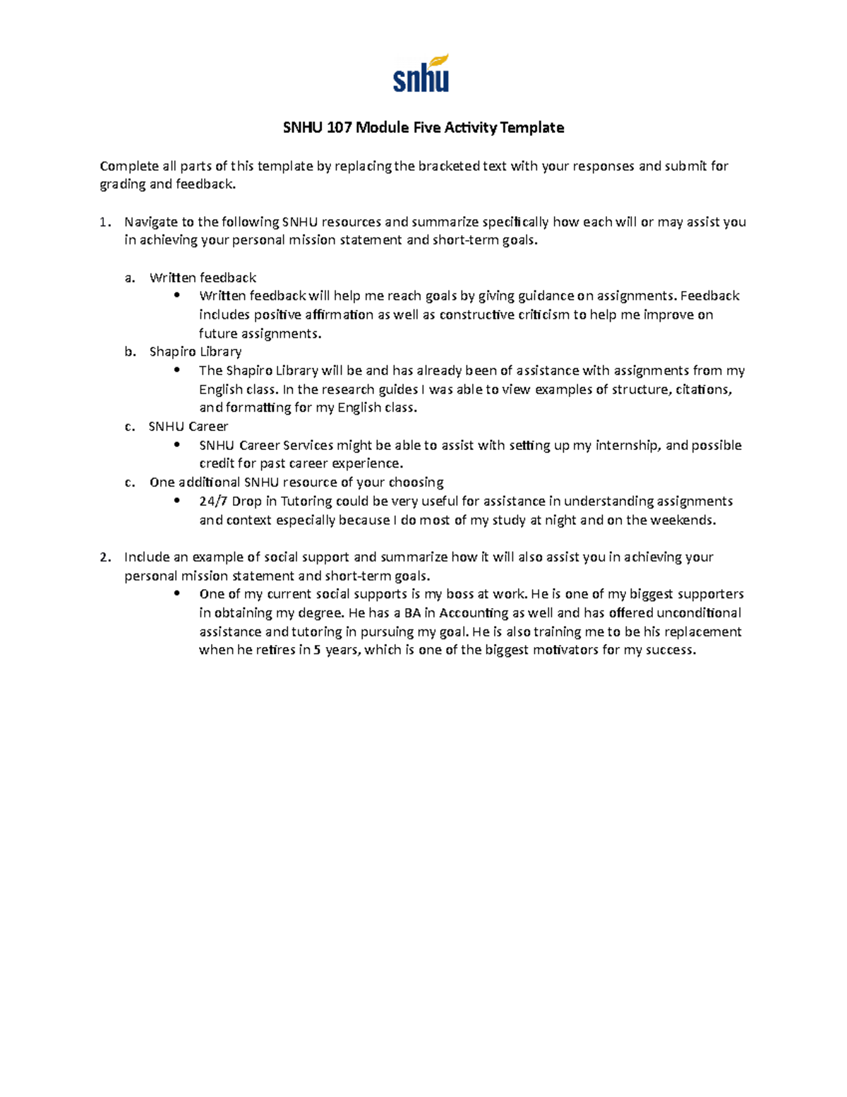 SNHU 107 5-2 Learner Resource Scavenger Hunt - SNHU 107 Module Five Activity Template Complete ...