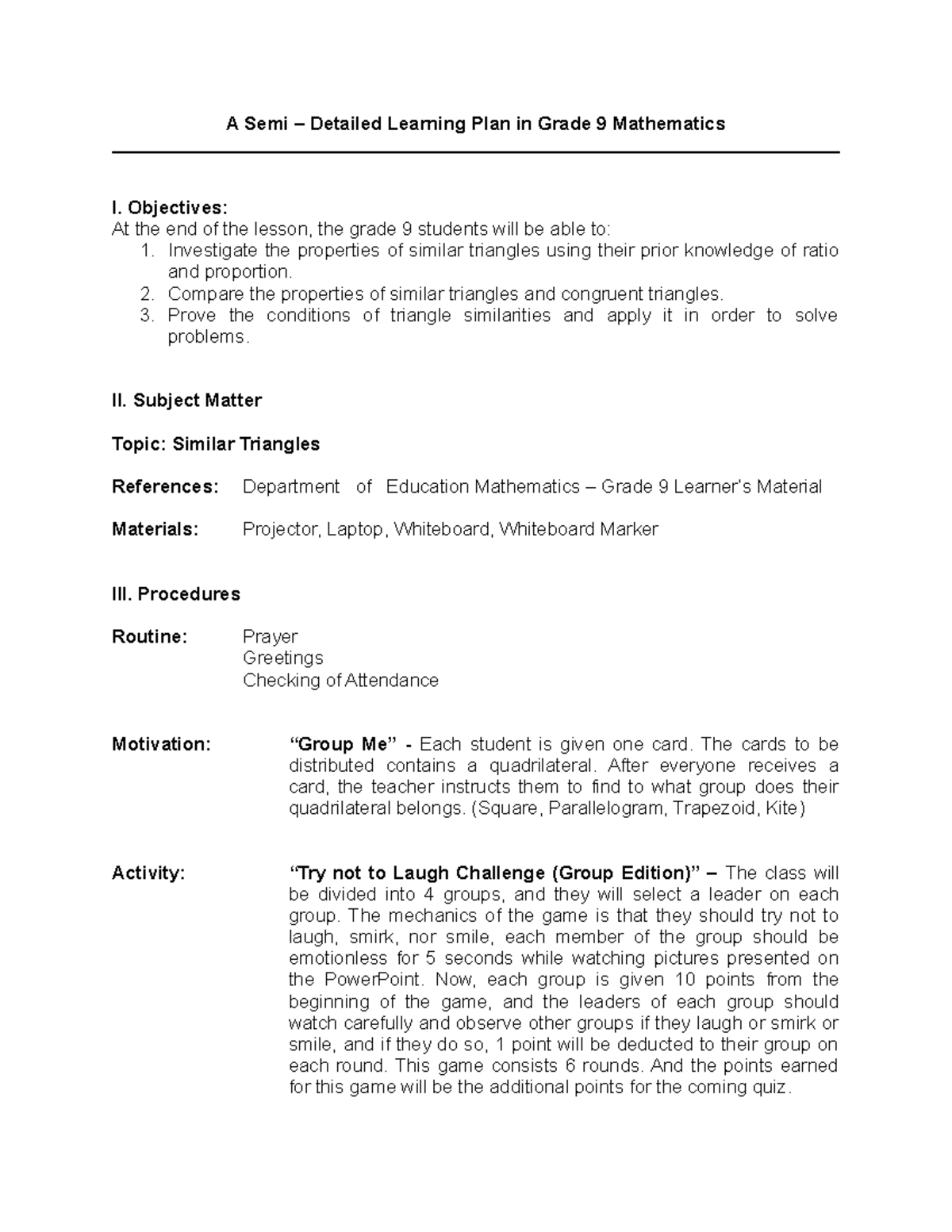 Lesson Plan Triangle Similarities - A Semi – Detailed Learning Plan in ...