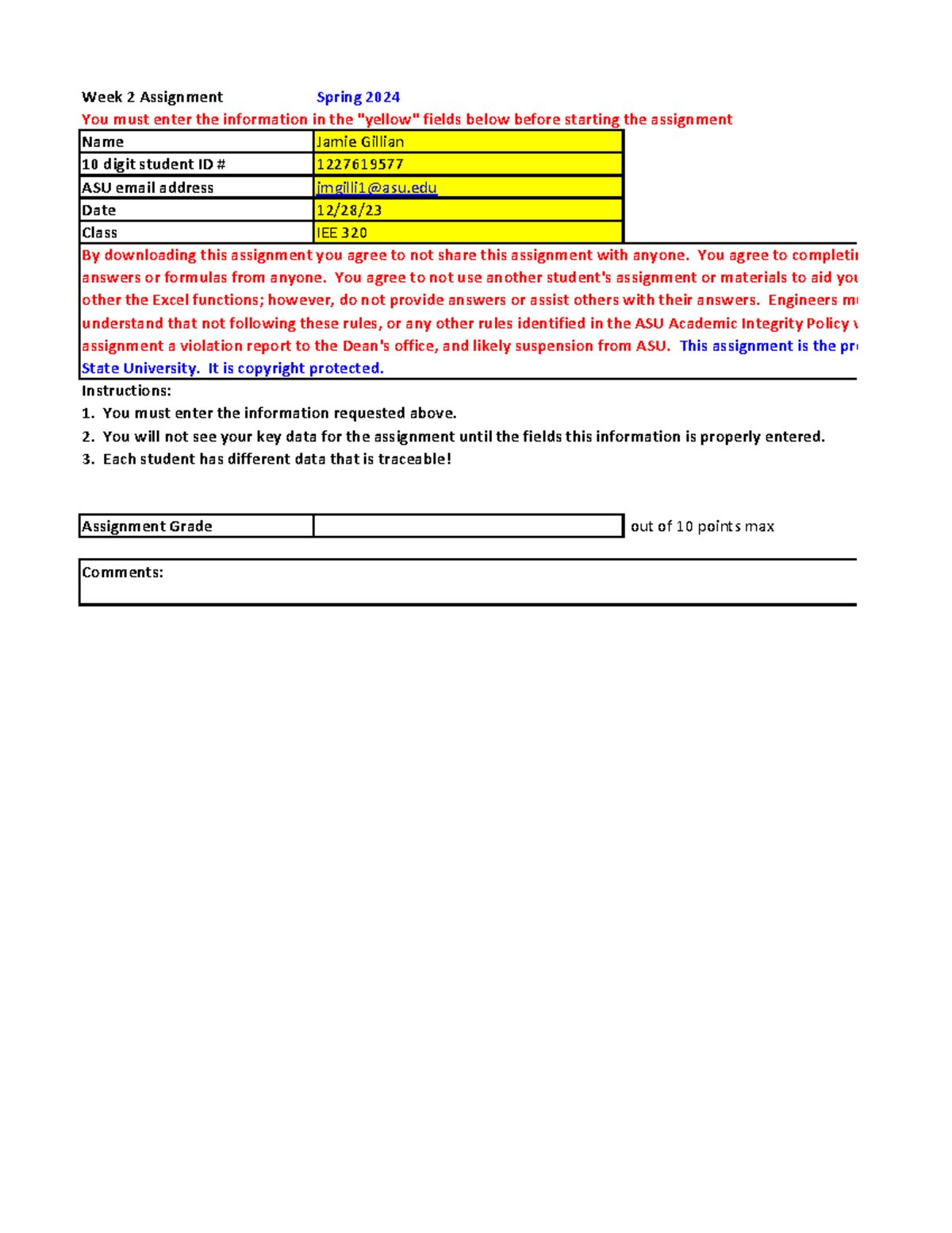IEE 320 Week 2 - Week 2 Excel Assignment - Week 2 Assignment Spring ...