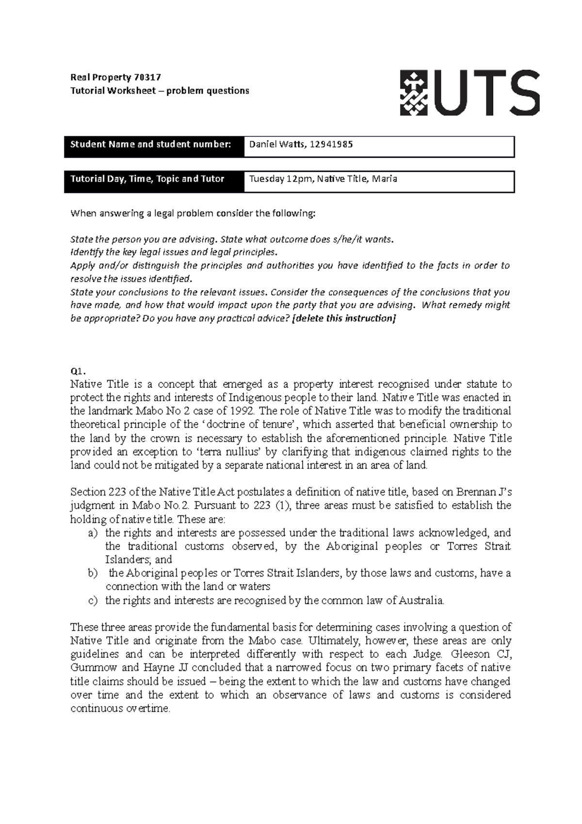 Tutorial one - Native Title - Real Property 70317 Tutorial Worksheet ...