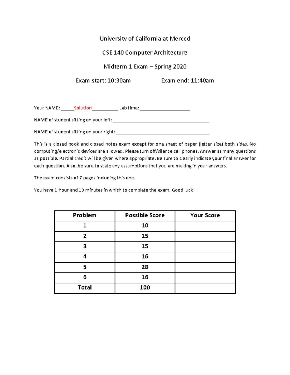 CSE140 S20 midterm 1 Solution - University of California at Merced CSE 140 Computer Architecture ...