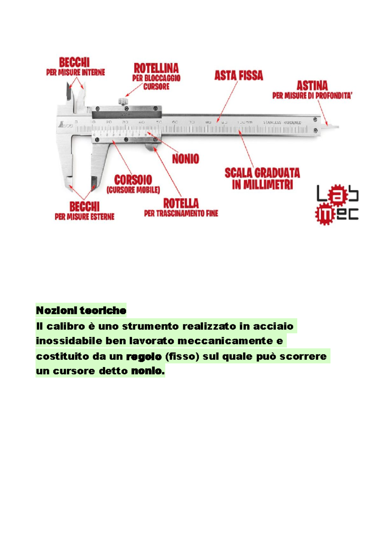 Nozioni teoriche calibro - Con il calibro si possono misurare: Le ...