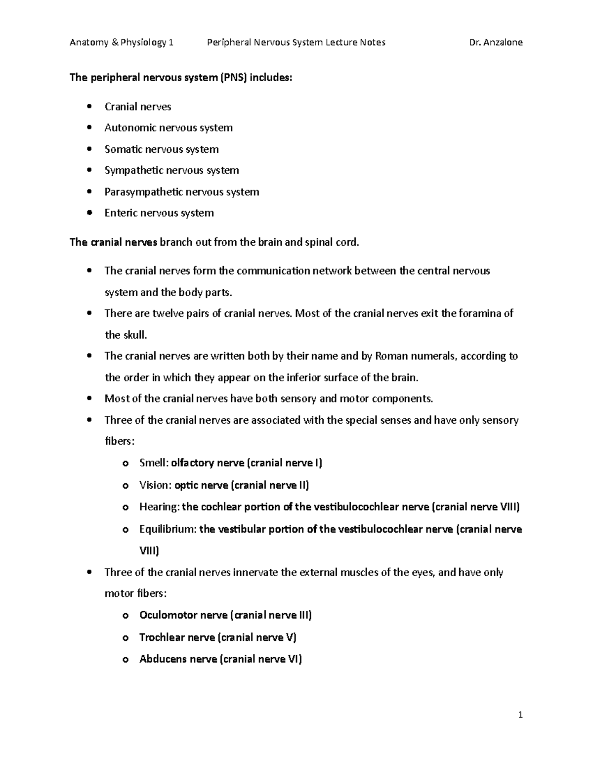 Peripheral Nervous System lecture notes - The peripheral nervous system ...