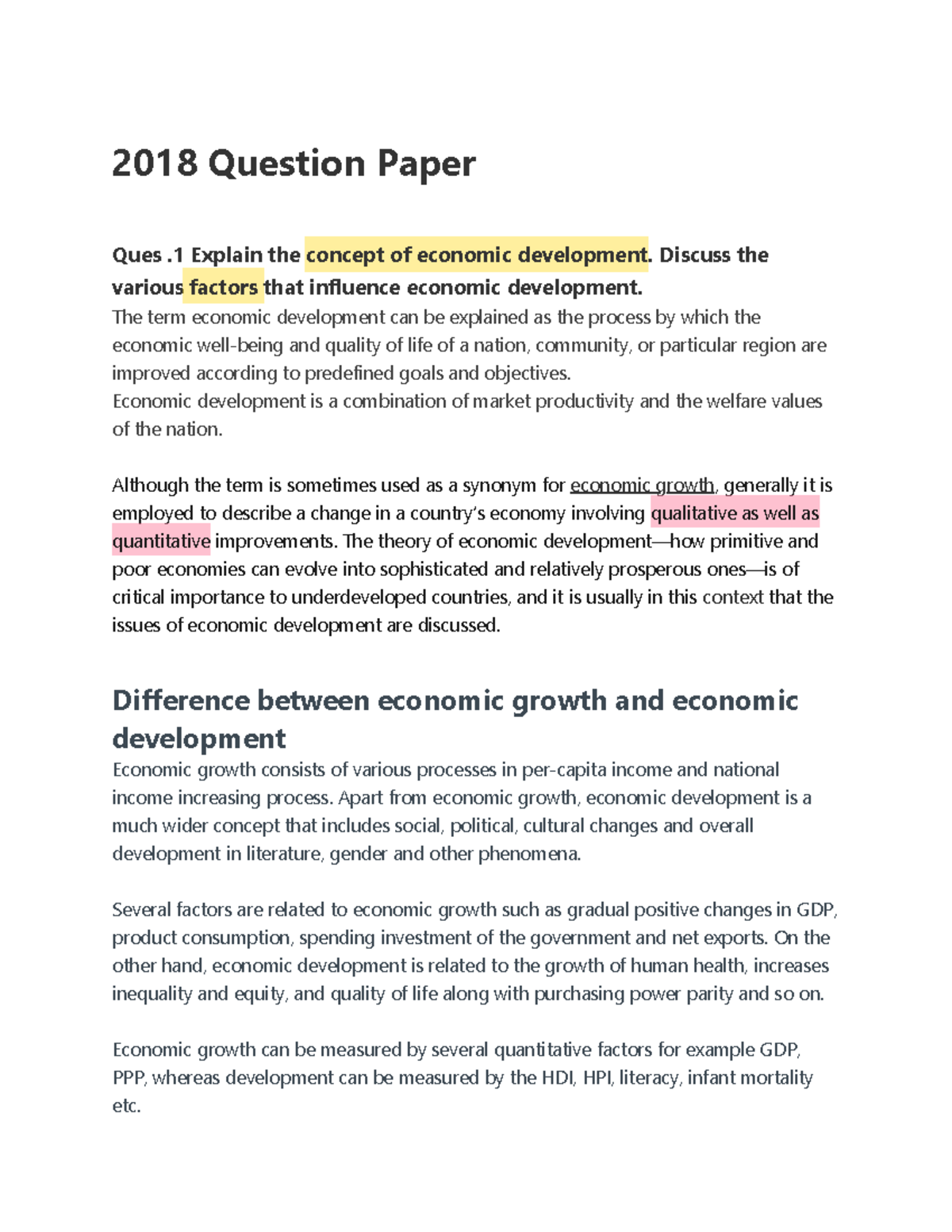 2018 Question Paper - 2018 Question Paper Ques .1 Explain the concept ...