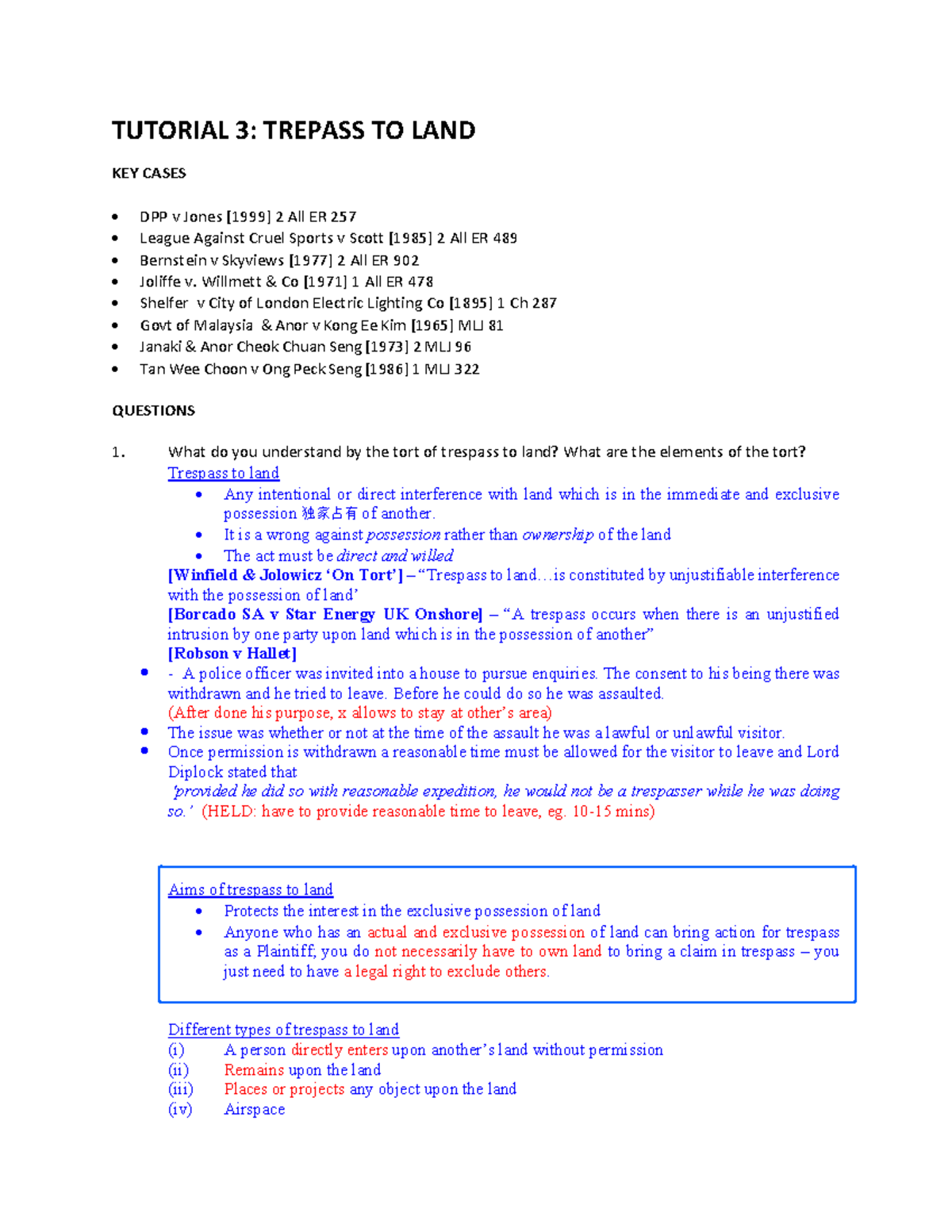 Tort law II Tutorial 3- Trepass TO LAND - TUTORIAL 3 : TREPASS TO LAND ...