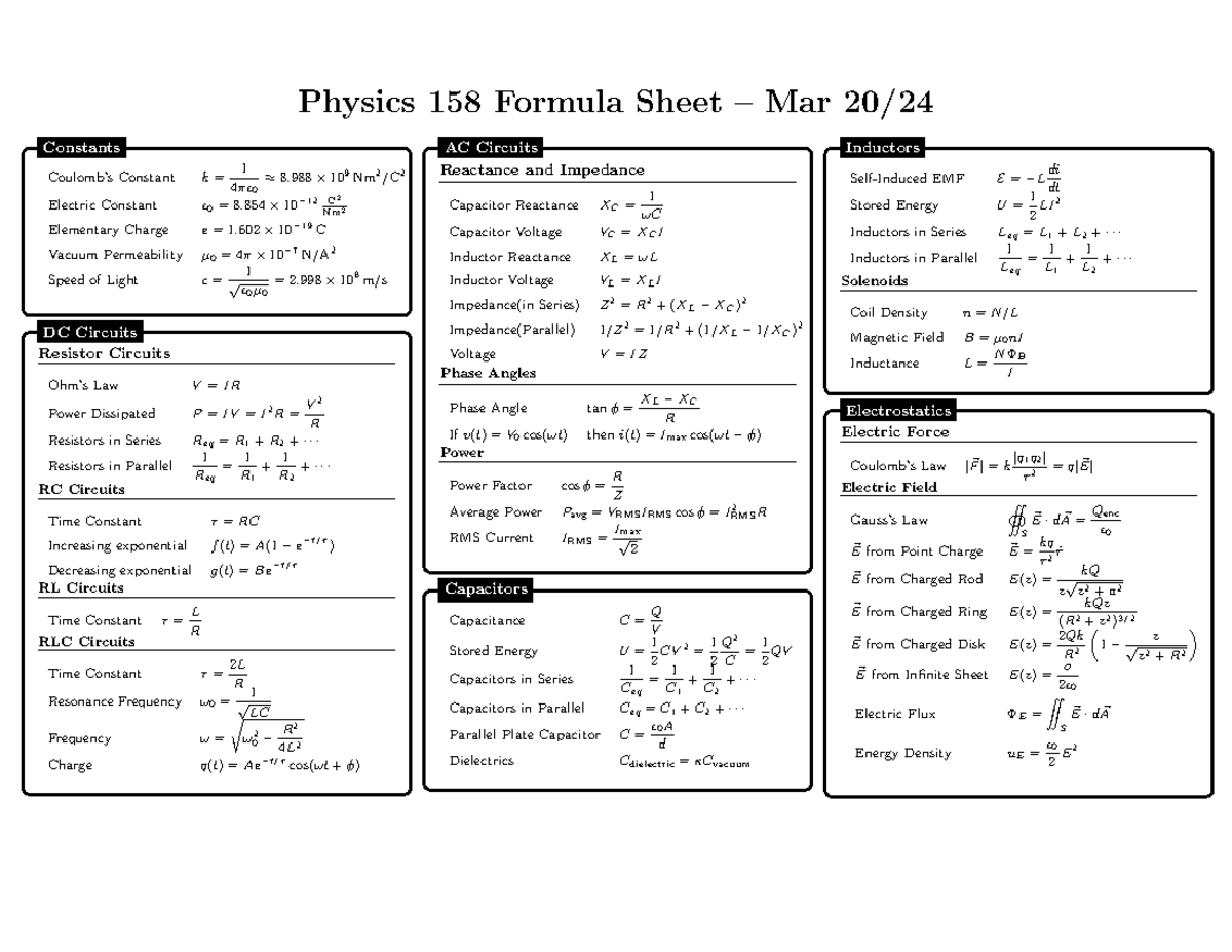 Practice Midterm 2 - Mar-20 - Physics 158 Formula Sheet – Mar 20/ Coulomb’s Constant k = 1 4 πε ...