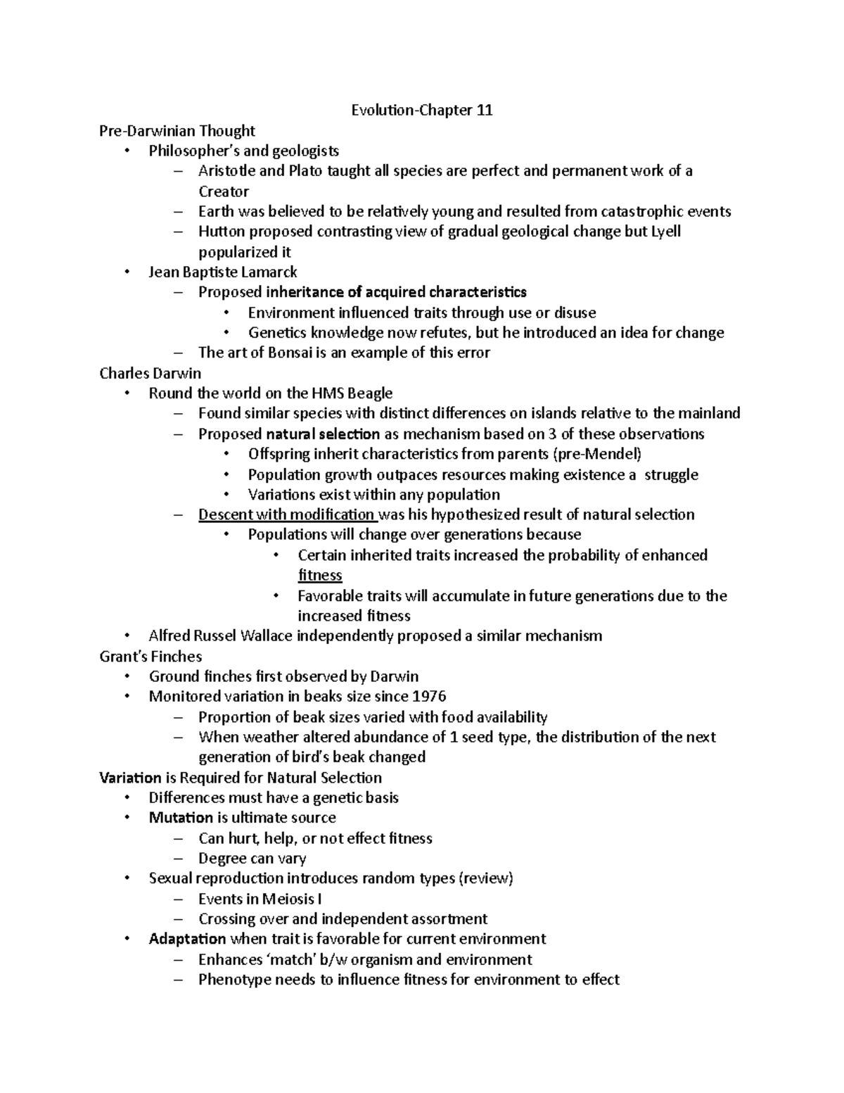 Chapter 11 Notes - Evolution-Chapter 11 Pre-Darwinian Thought ...